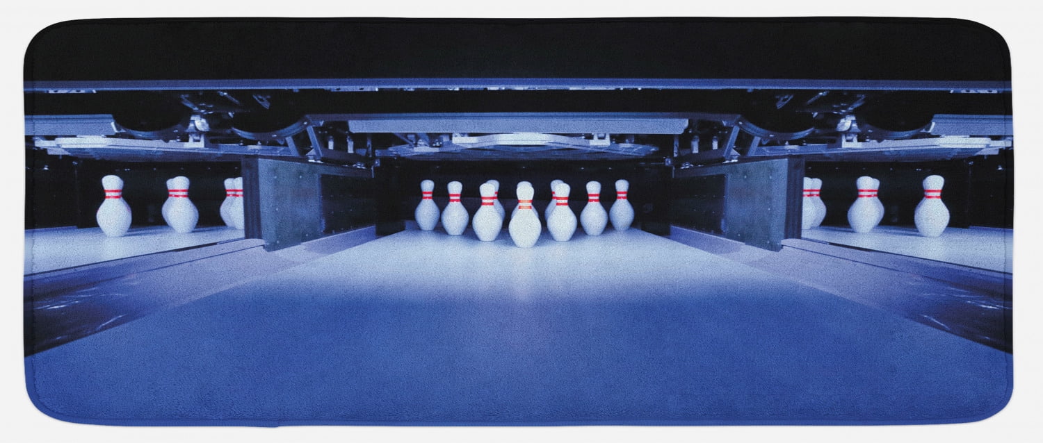 Bowling Party Kitchen Mat, Symmetrical Bowling Pins on an Empty Alley ...