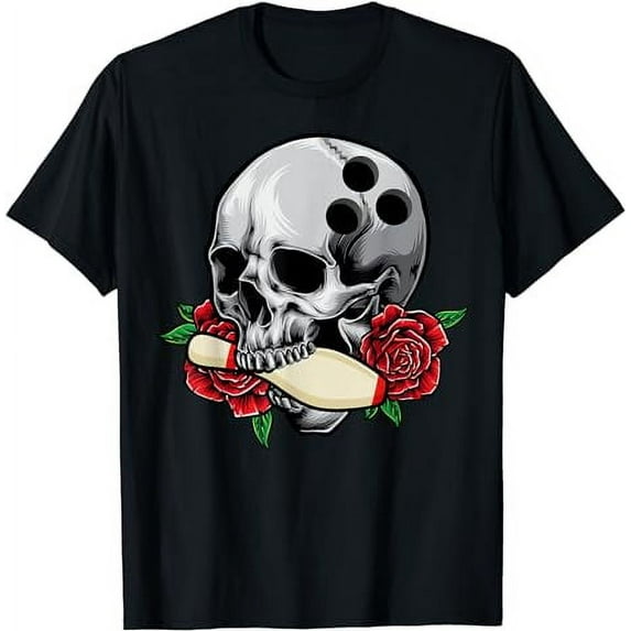 Bowling Pins Retro Skull & Rose Skeleton Head Bowling Ball T-Shirt ...
