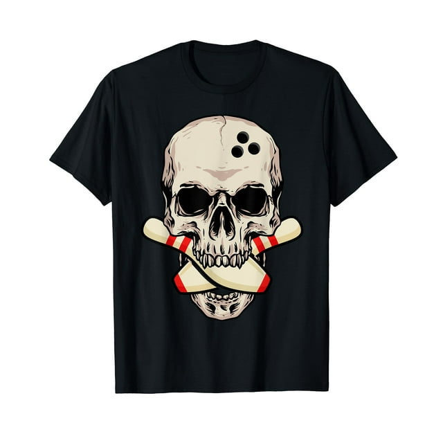 Bowling Pins Retro Skull Skeleton Head Bowling Ball Black T-Shirt Crew ...