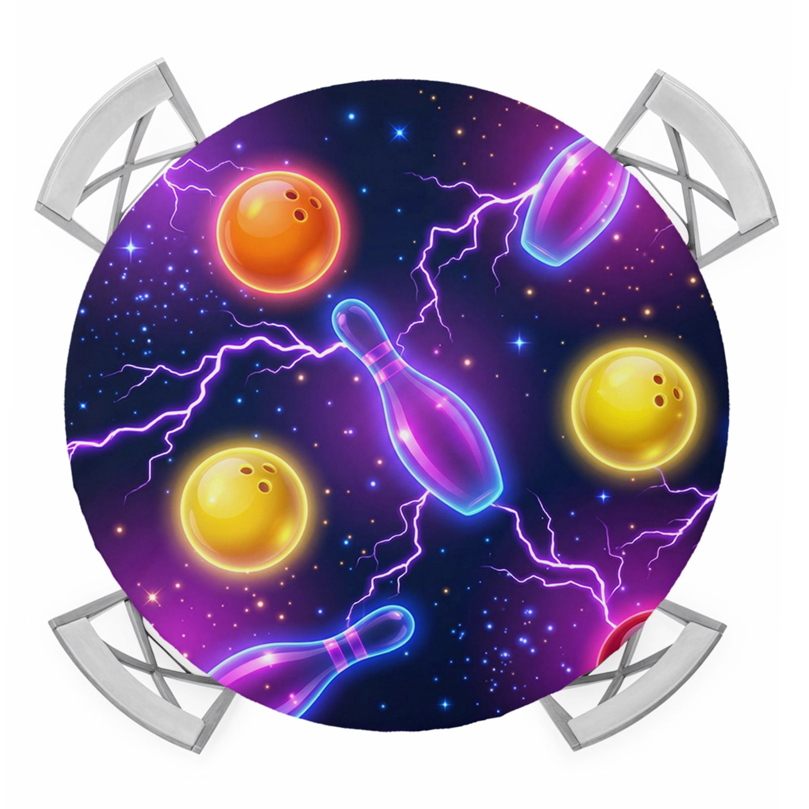 Bowling Round Table Cover, Purple Yellow Red Bowling Balls Bottles ...