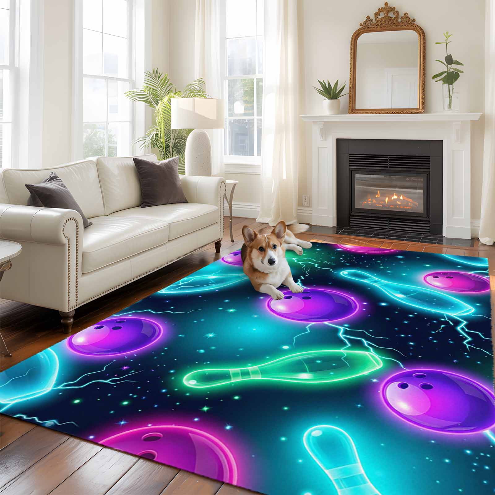 Bowling Washable Area Rug 8x10 Purple Blue Green Bowling Balls Bottles ...