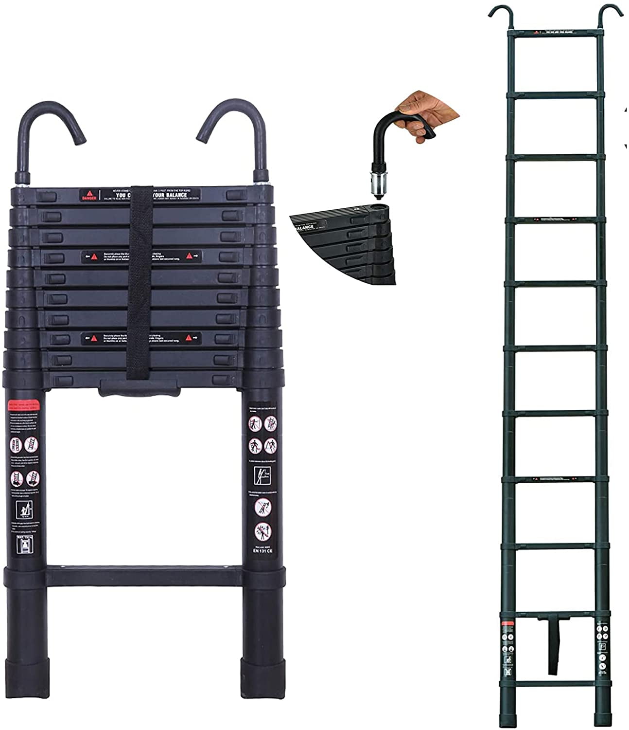 Bowoshen 12.5Ft/3.8M Extension Attic Ladder,Telescopic Hooks Steps ...