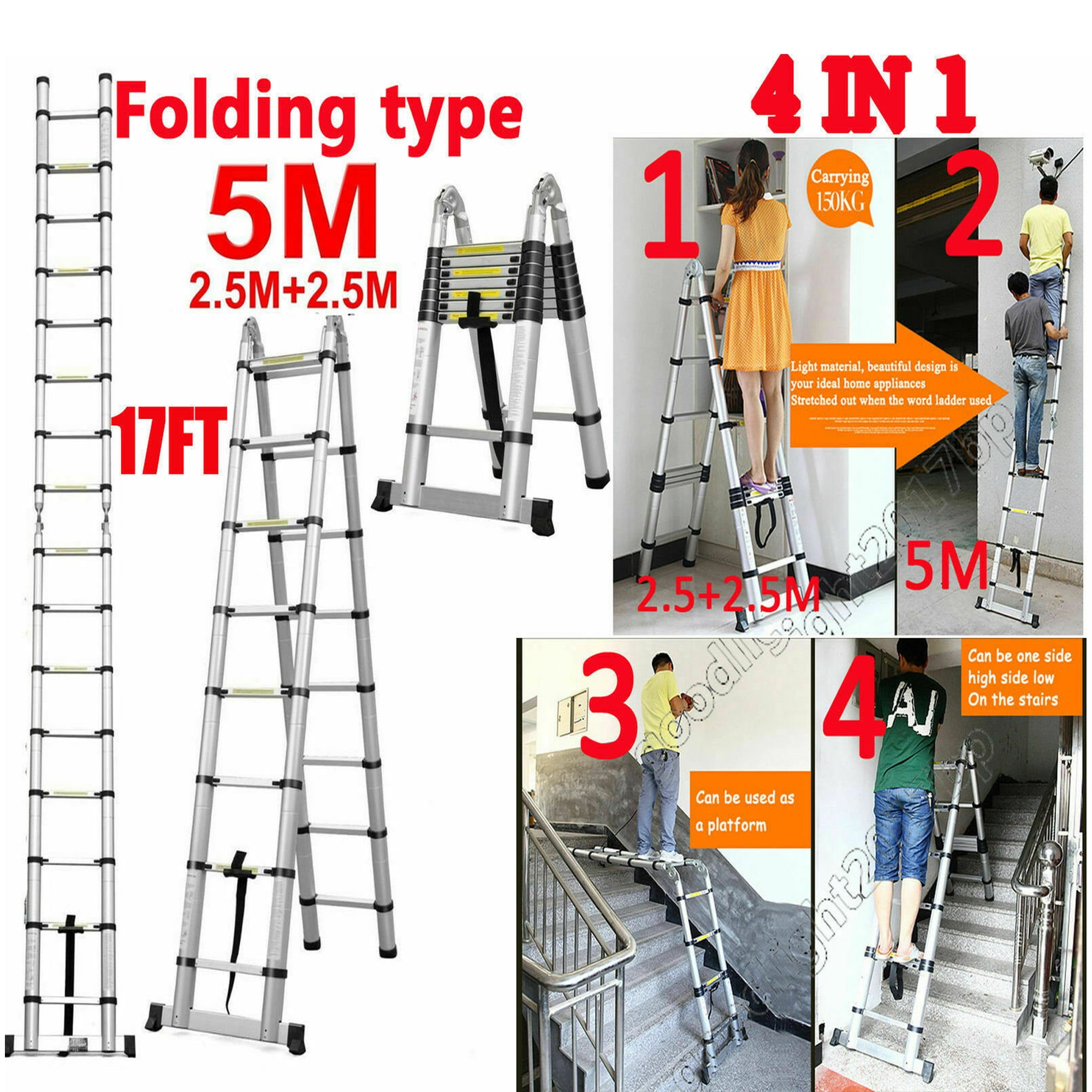 Bowoshen 16.5FT Aluminum Telescoping Extension Ladder,330lbs Max ...