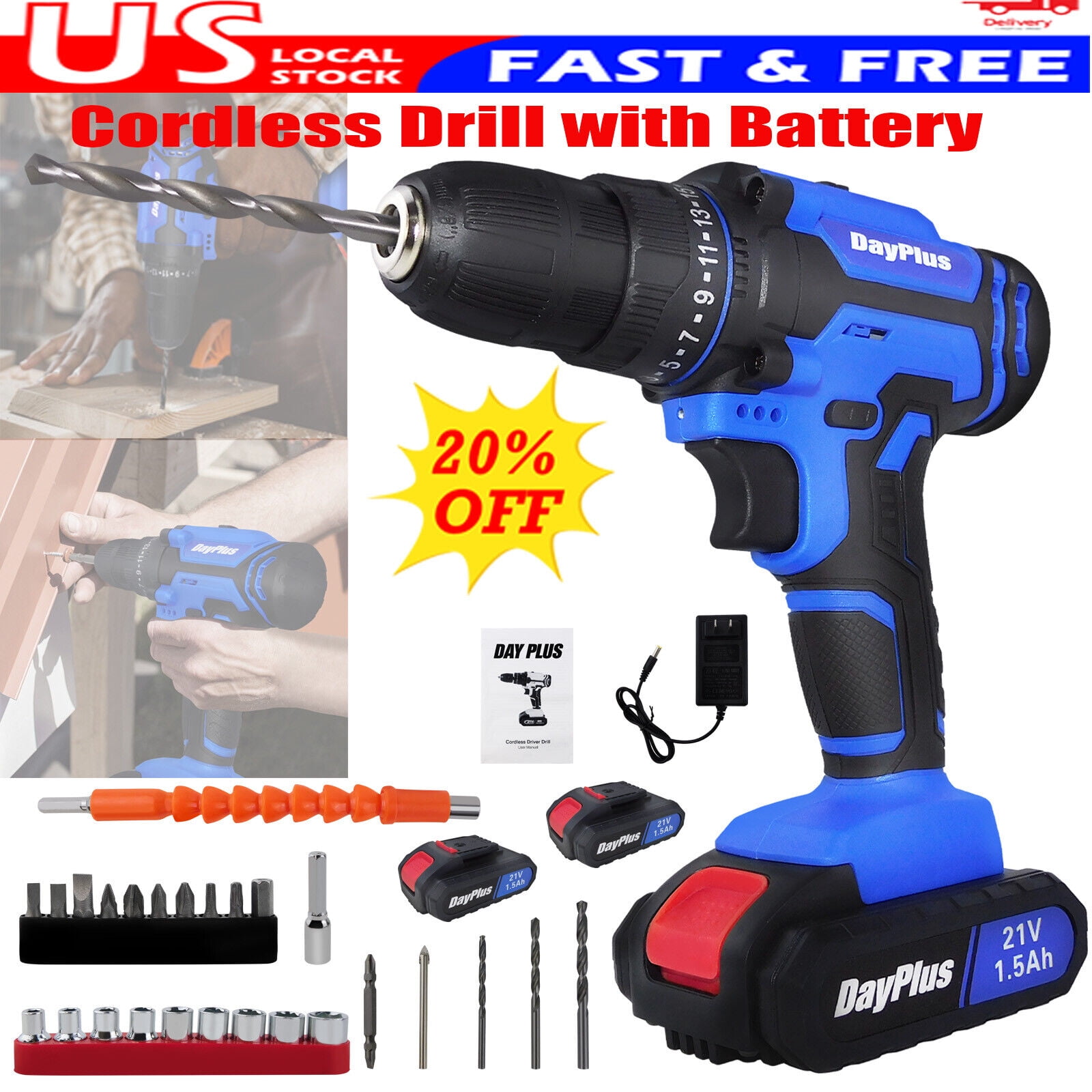 Bowoshen 18V-Volt Electric Cordless Drill 2 Speed Multifunction Drill ...