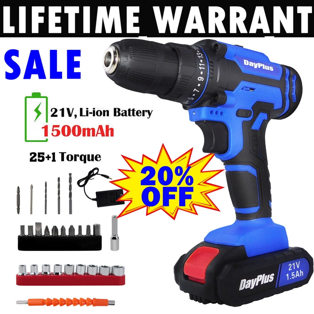 Bowoshen 21V Cordless Drill Driver Set Li-ion Battery Electric ...