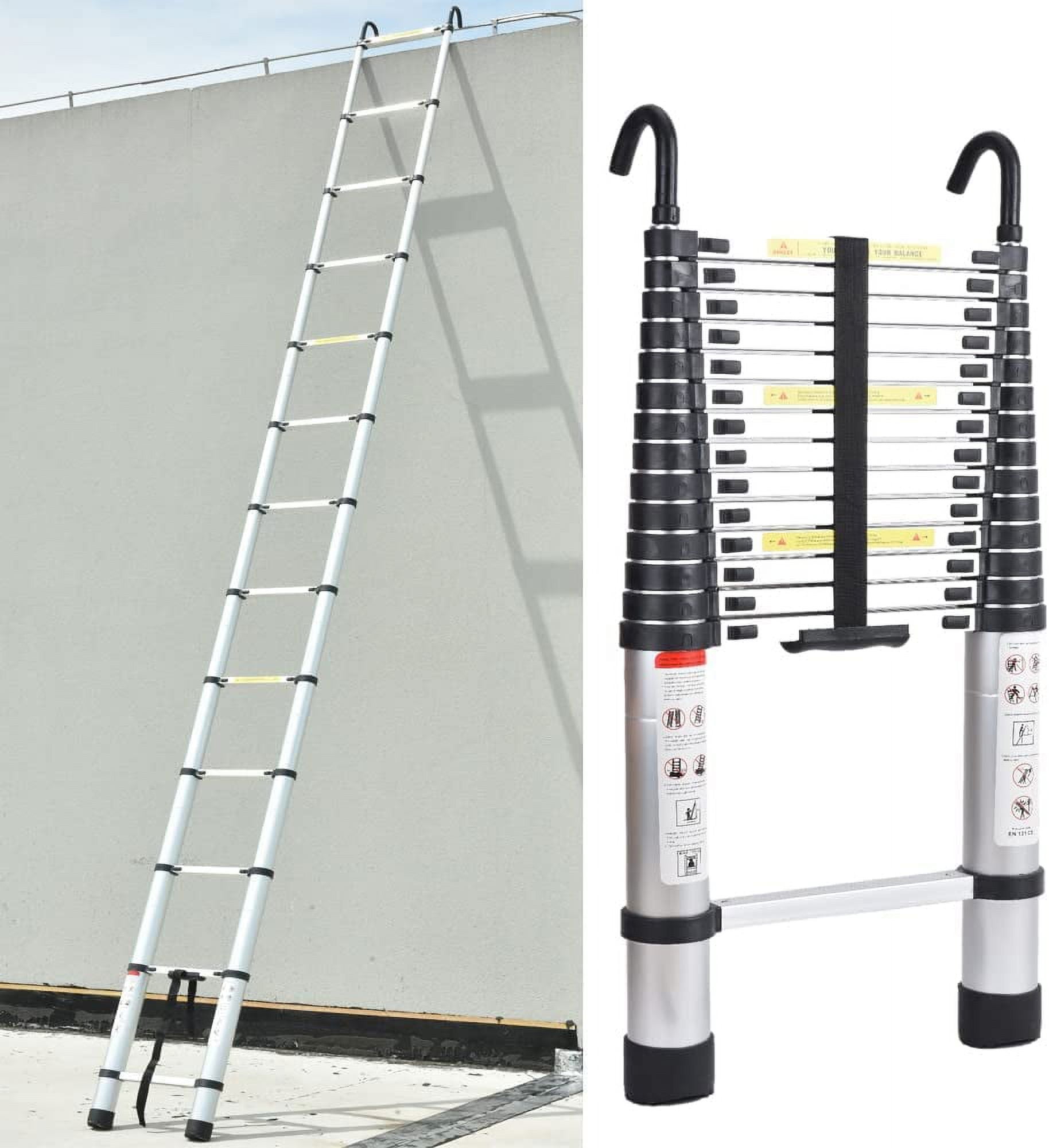 Bowoshen 14.5ft Telescoping Ladder, Extendable, Detachable Hooks, Heavy ...