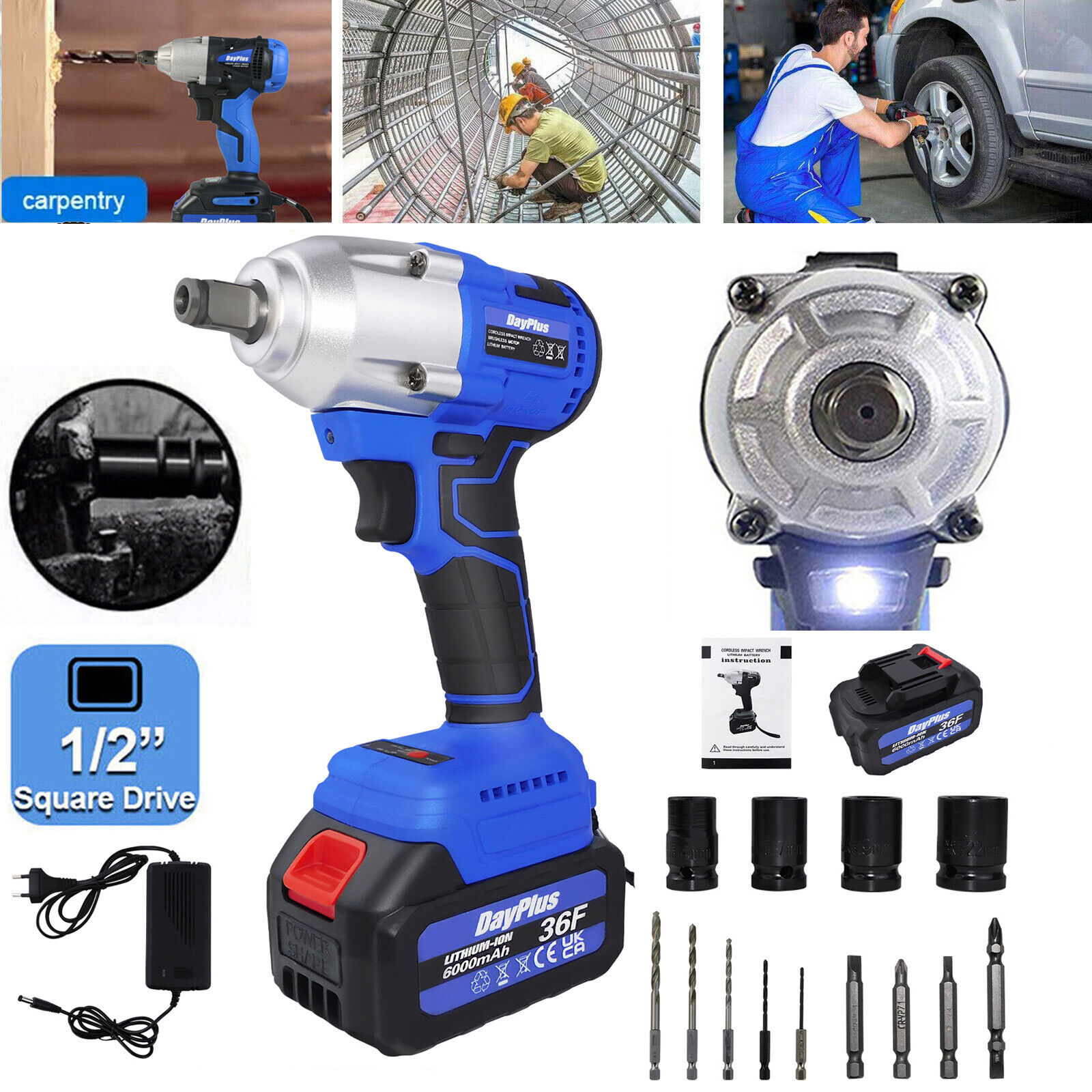Bowoshen Brushless Cordless Impact Wrench 1/2"inch Battery Charger ...