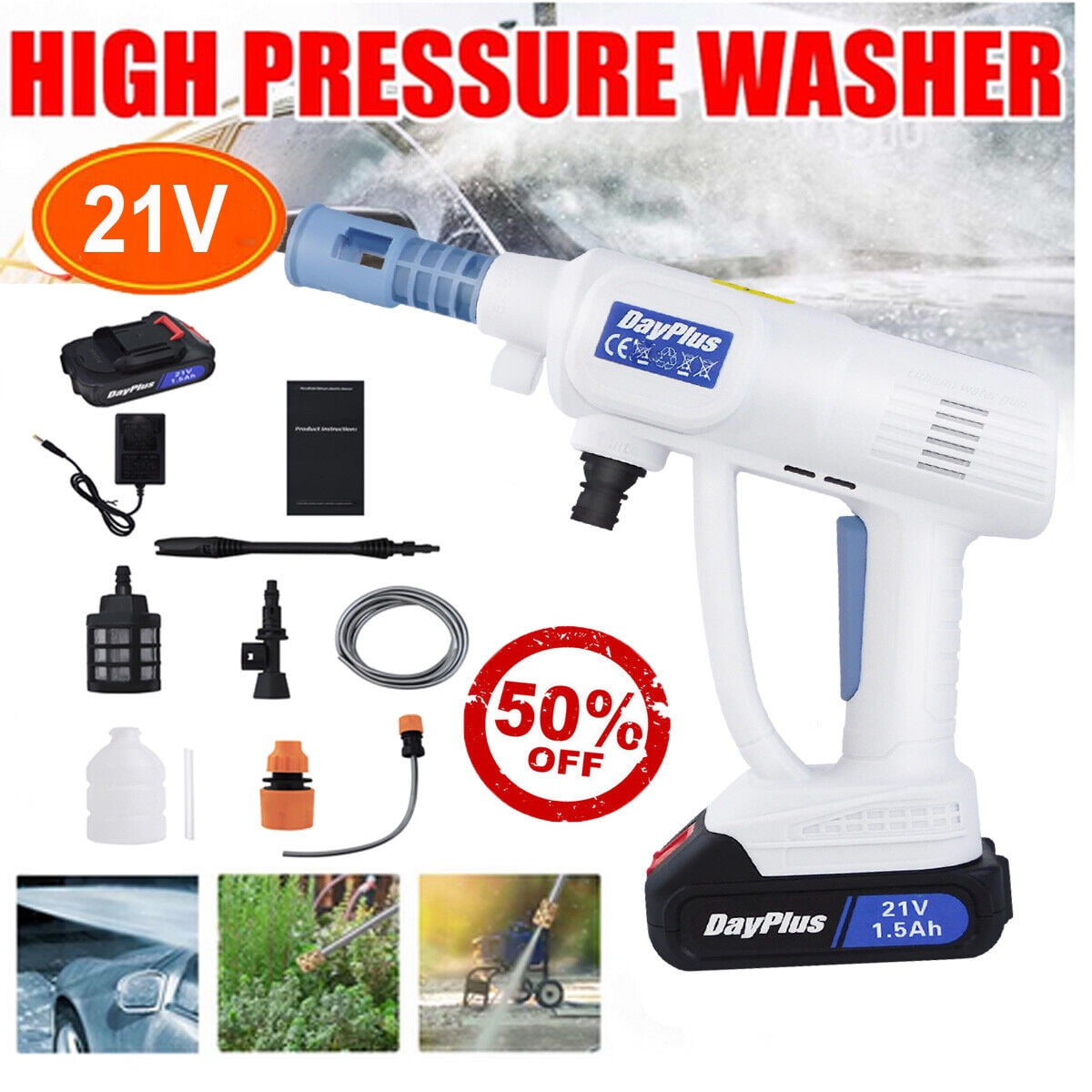 Bowoshen Car Pressure Washer Electric Gun Portable Cordless High Power ...