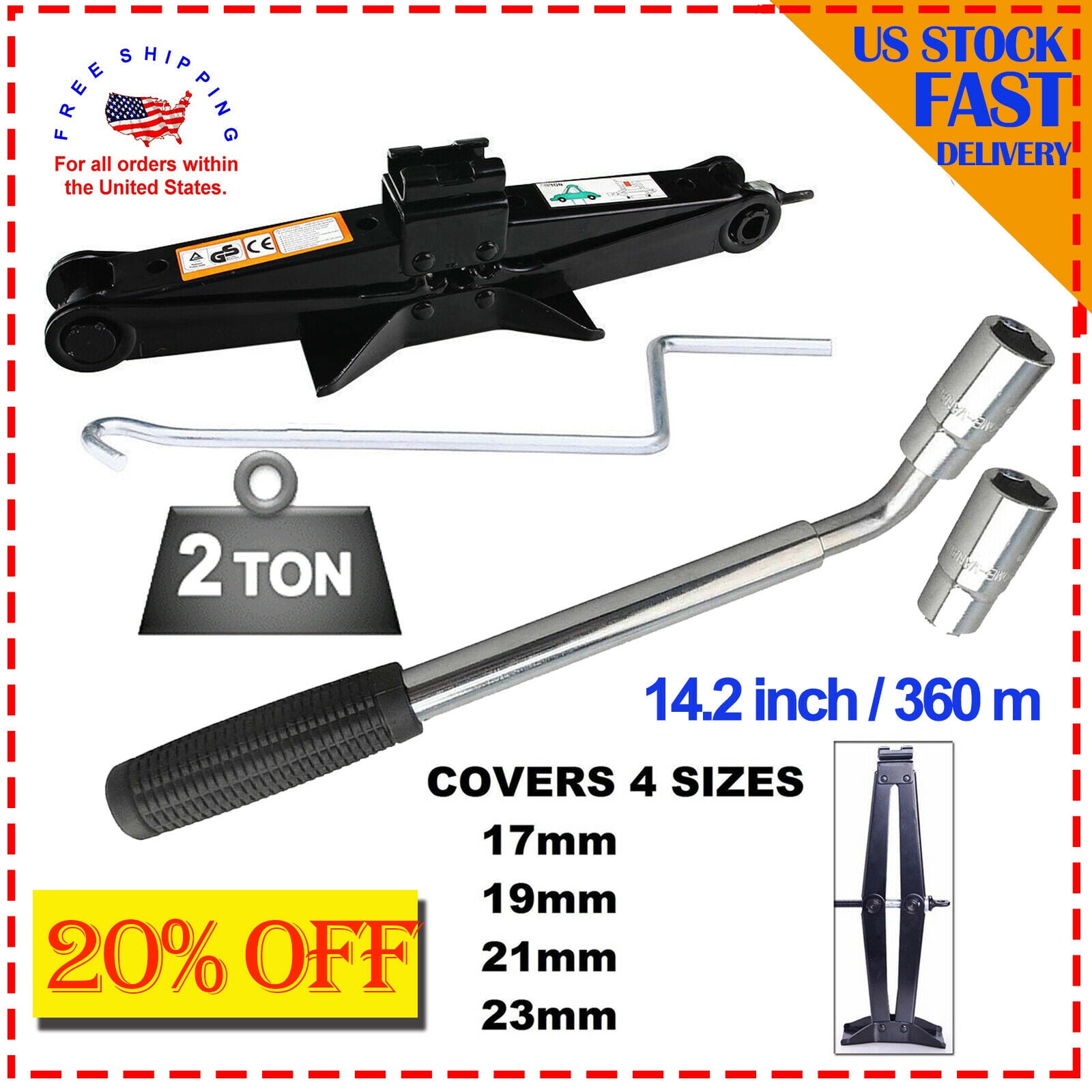 Bowoshen Car Tyre Changing Tools Kit+2 Tonne Scissor Jack Telescoping ...