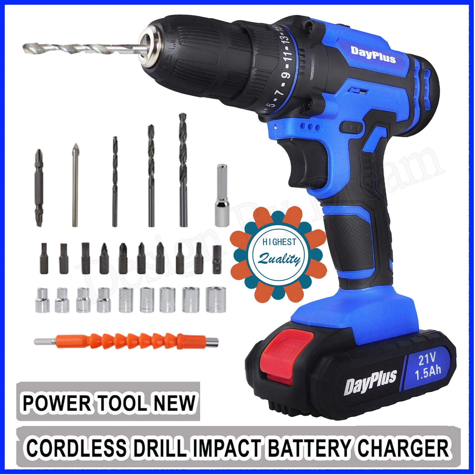 Bowoshen Portable Wireless Rechargeable Power Screw Cordless Drill 21V ...