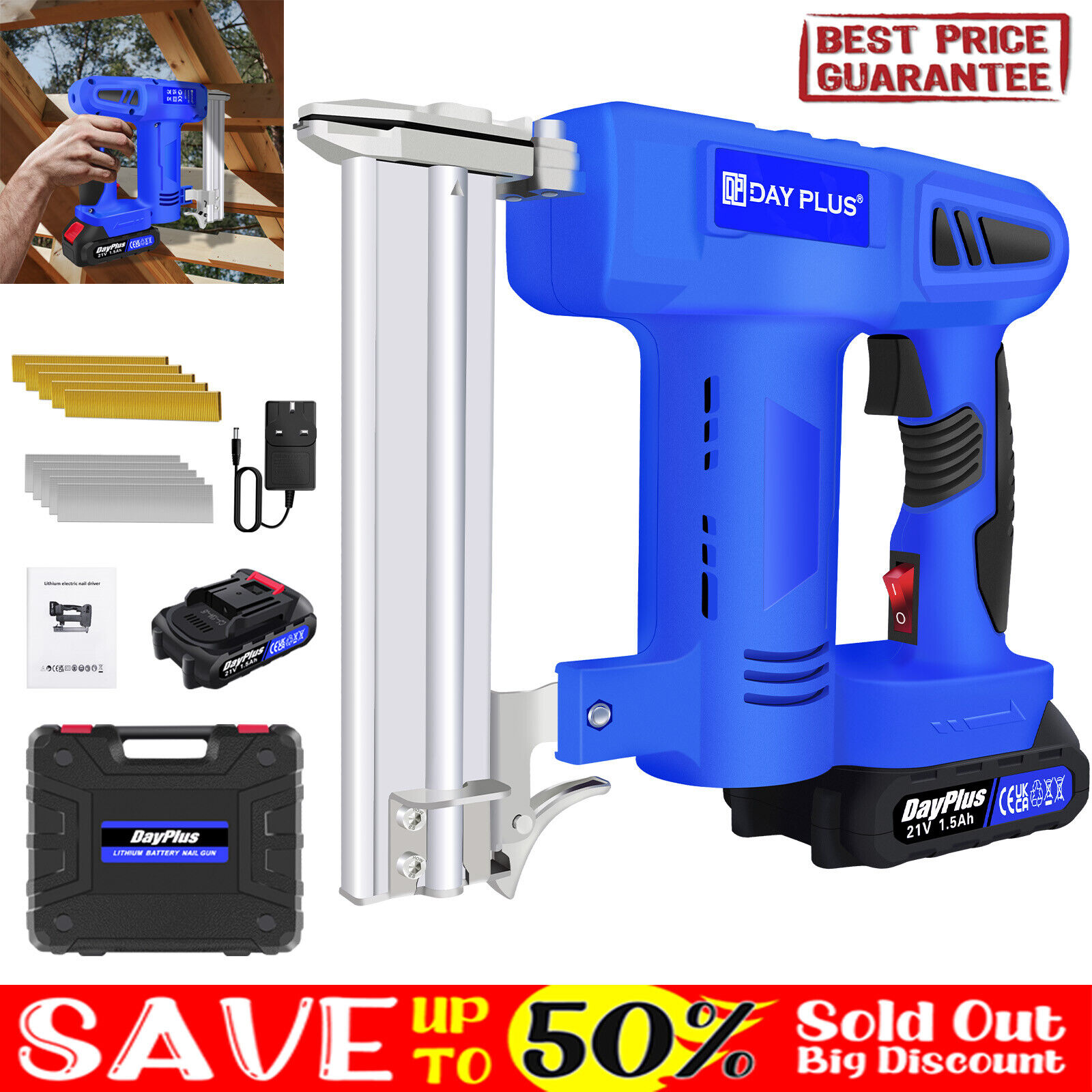 Bowoshen Cordless Nail Staple Gun Workshop Tools 21V Li-ion Battery ...