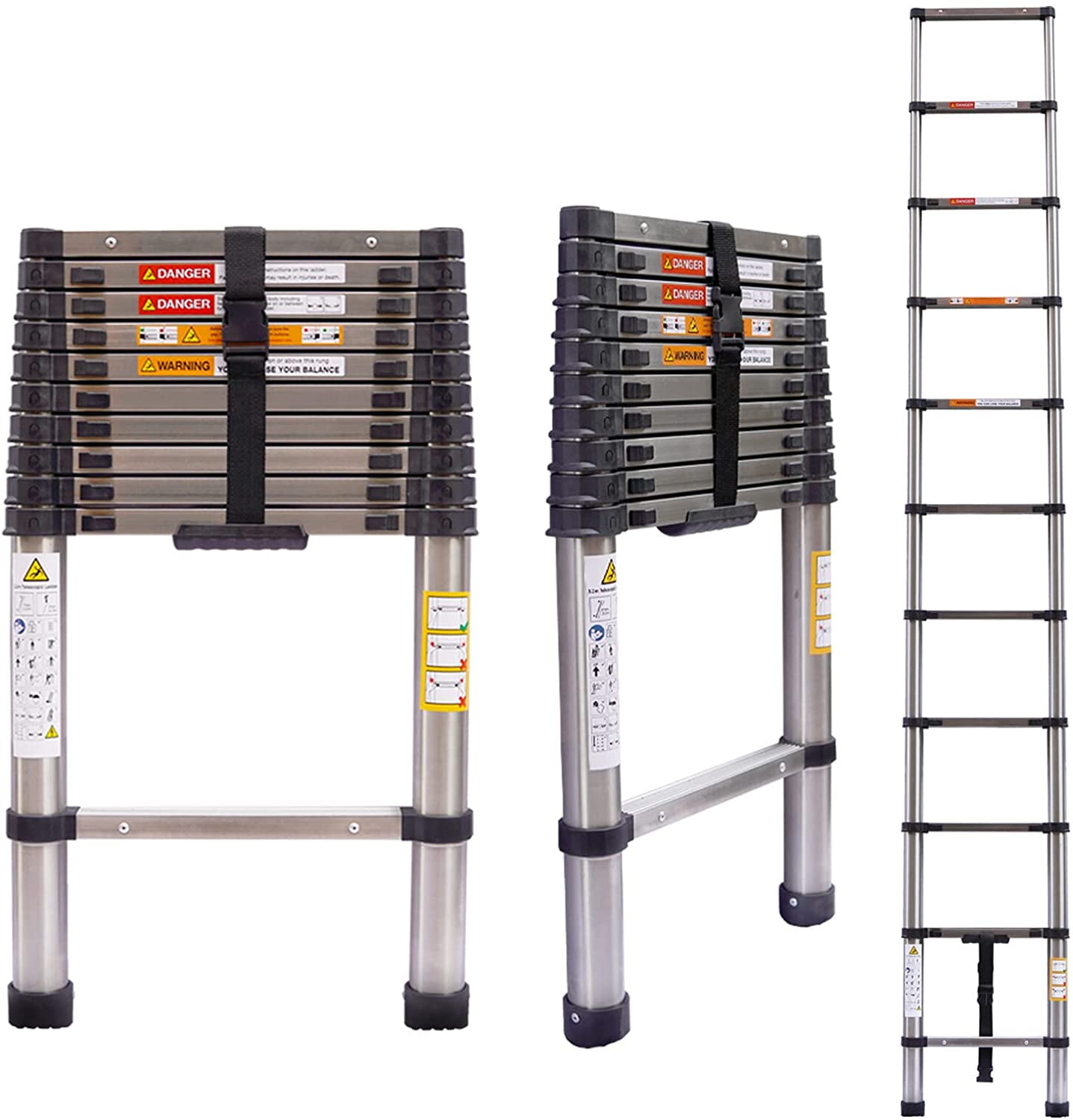 Bowoshen 10.5ft Stainless Steel Telescoping Ladder, Heavy Duty with ...