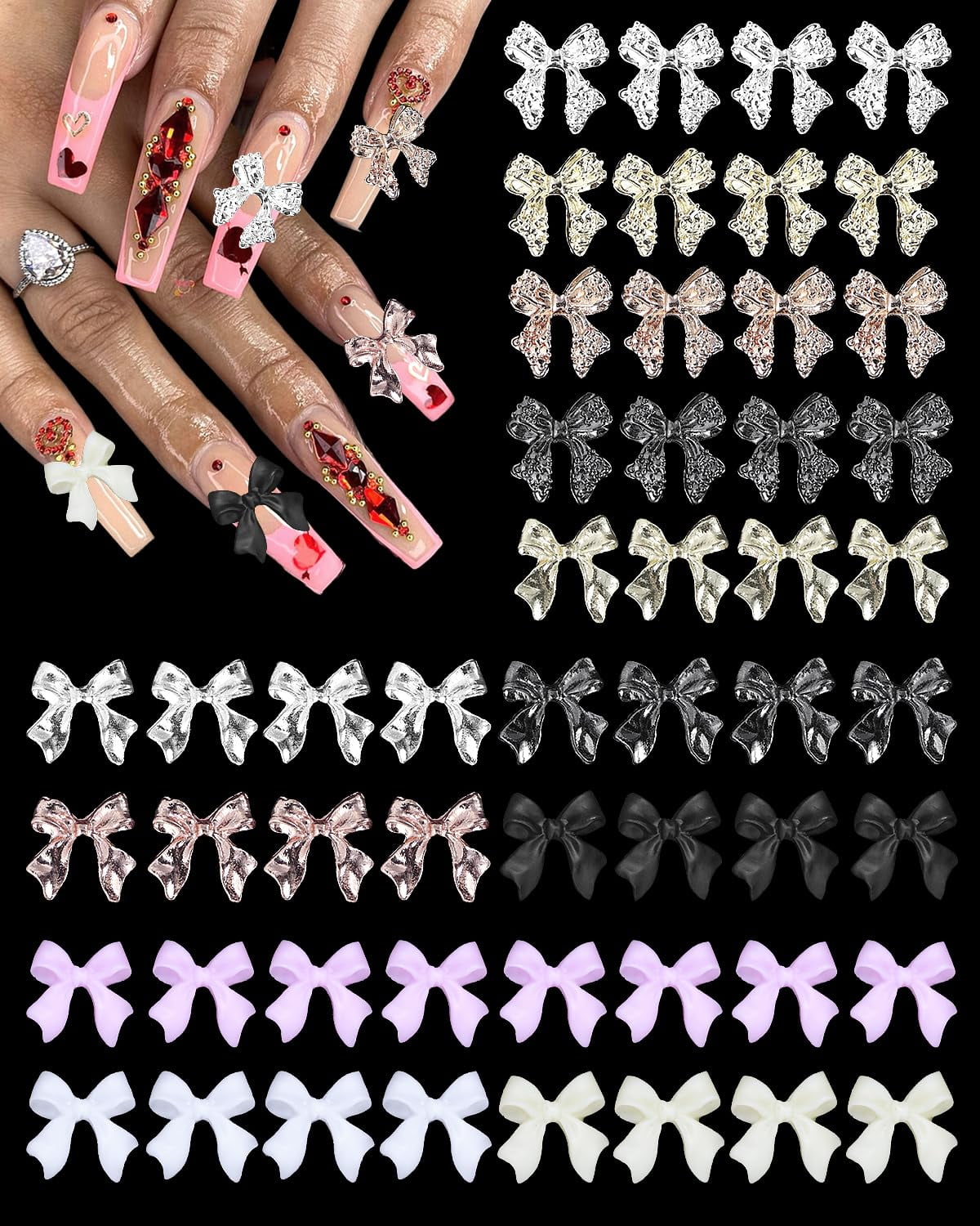 Bows Nail Charms, 140 Pcs Bow Coquette Nail Bow Charms, Black Golden ...