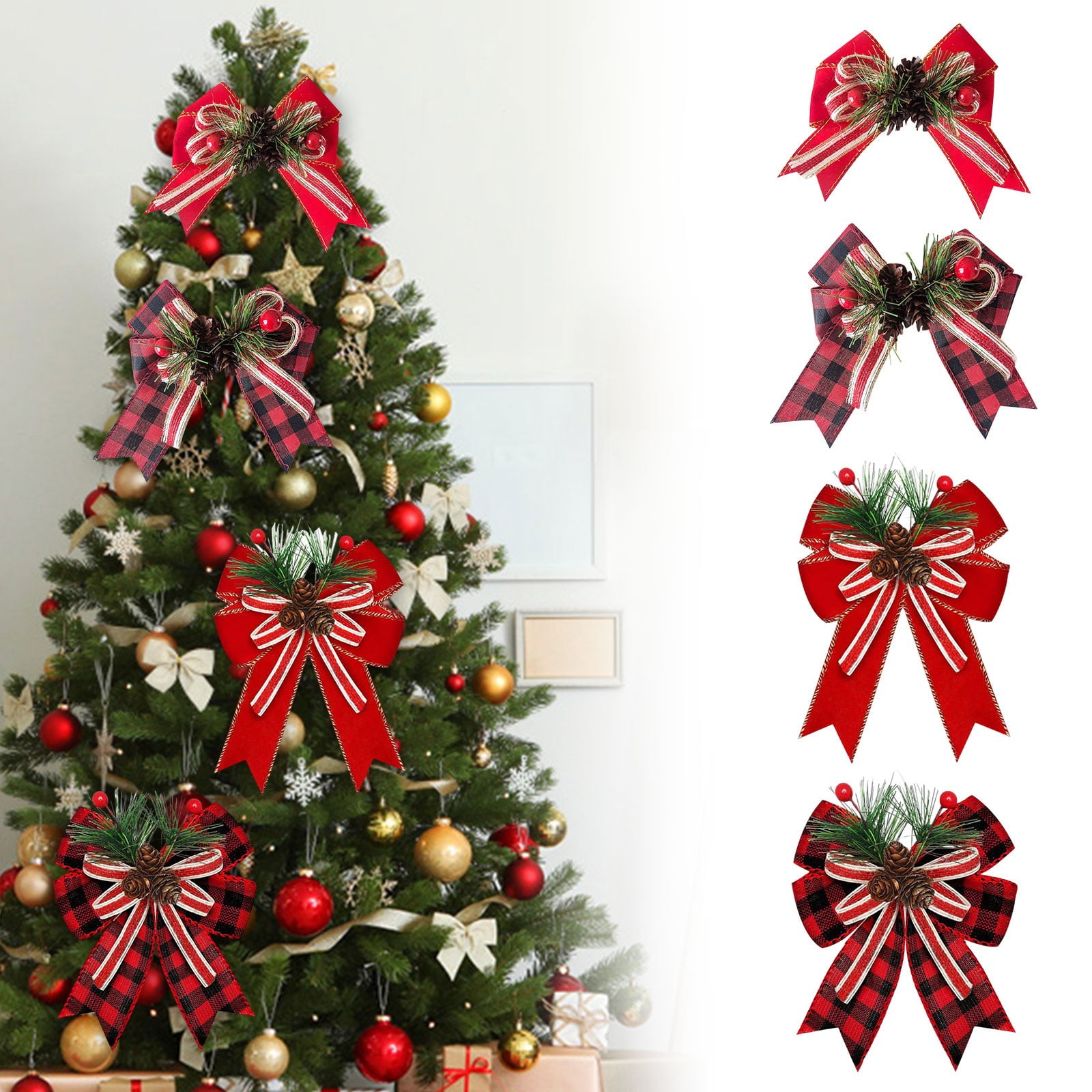 Bows With Pine Cones Pine Needles, Buffalo Plaid Bows Black White Plaid ...
