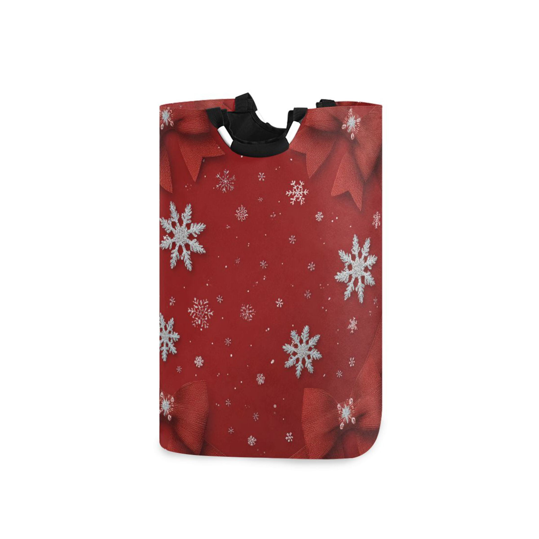 Bows and Snowflakes Christmas Red Laundry Basket with Handles Foldable ...