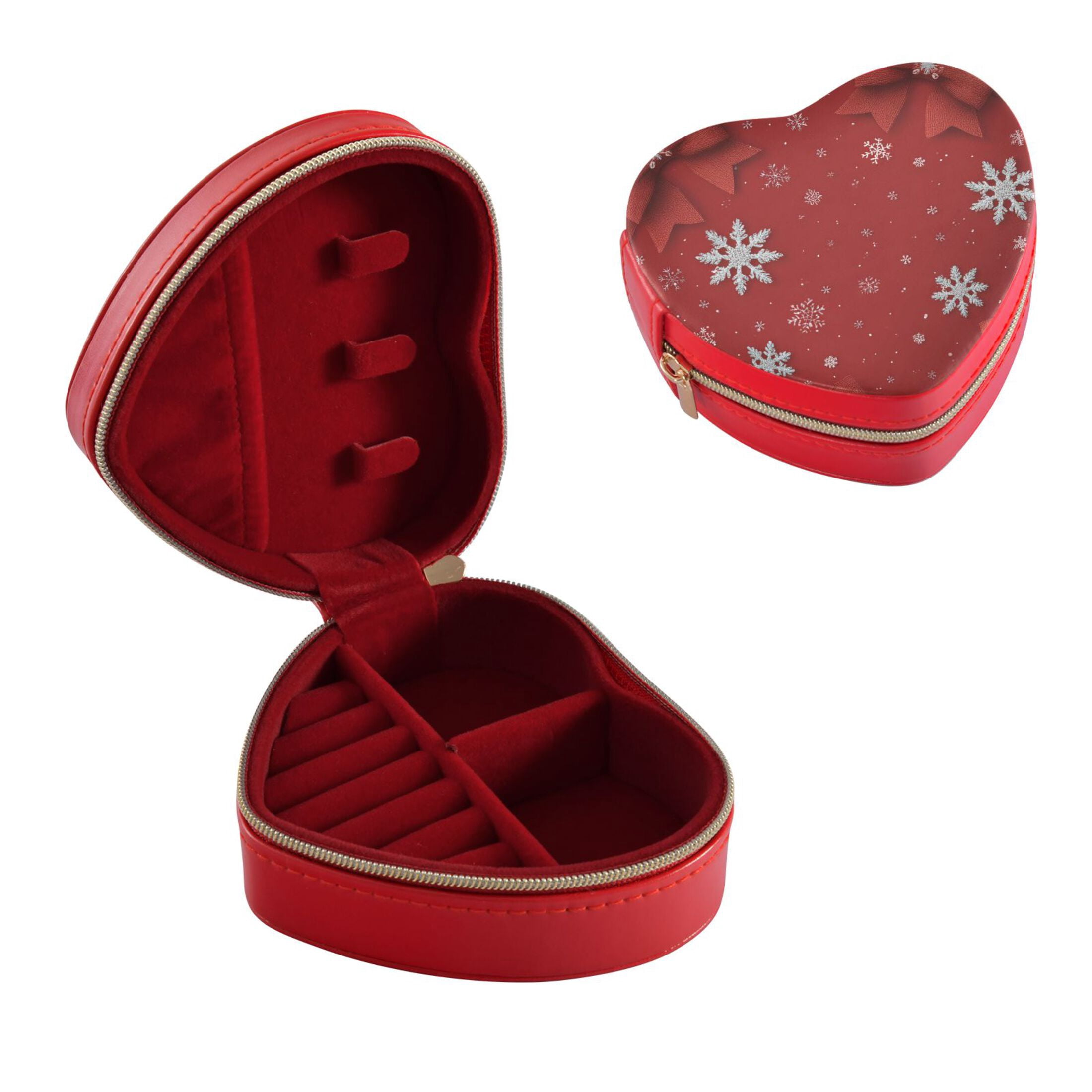 Bows and Snowflakes Christmas Red PU Leather Heart-shaped Jewelry Box ...