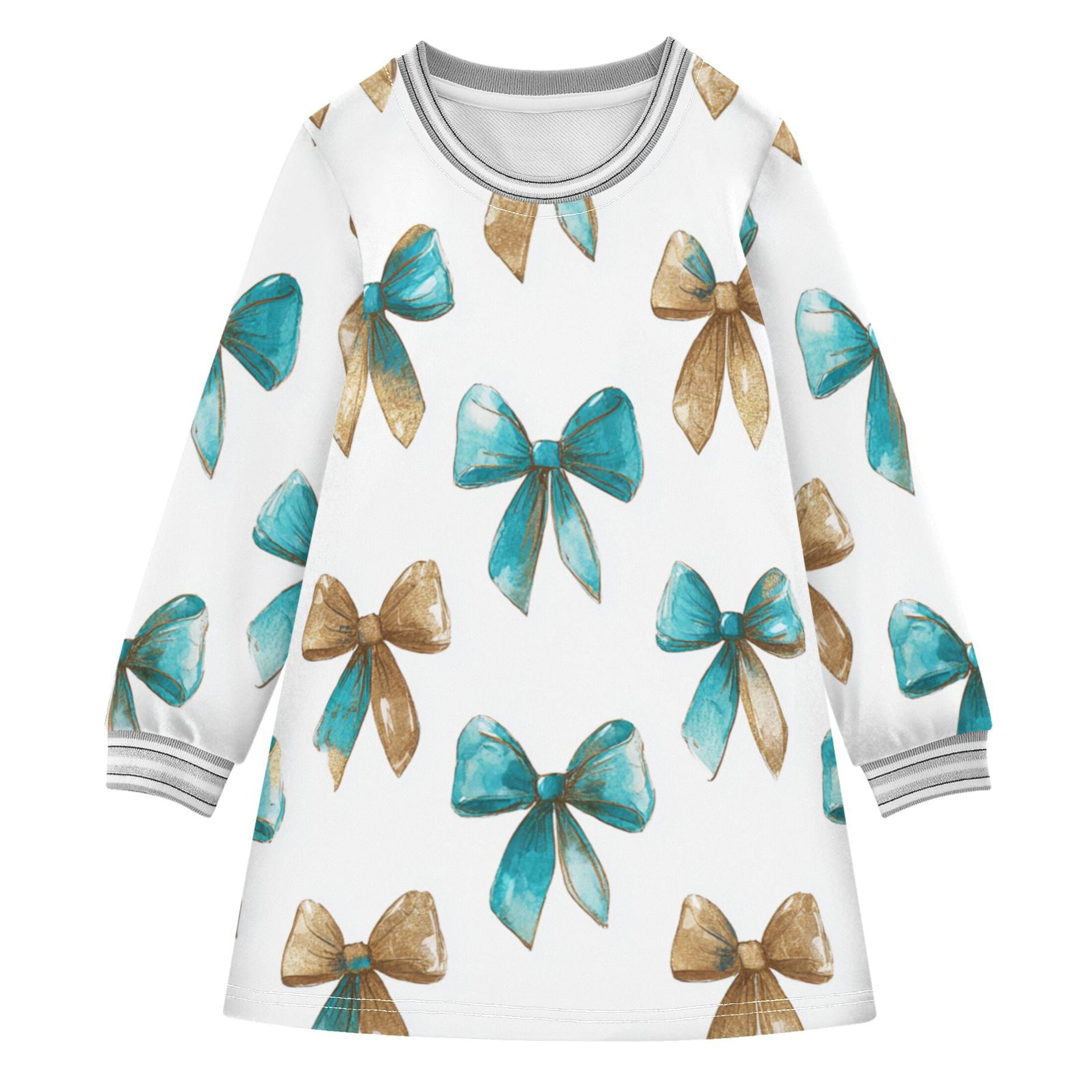 Bows with Turquoise Gold Color Long-sleeved Dress A-line One-Piece ...