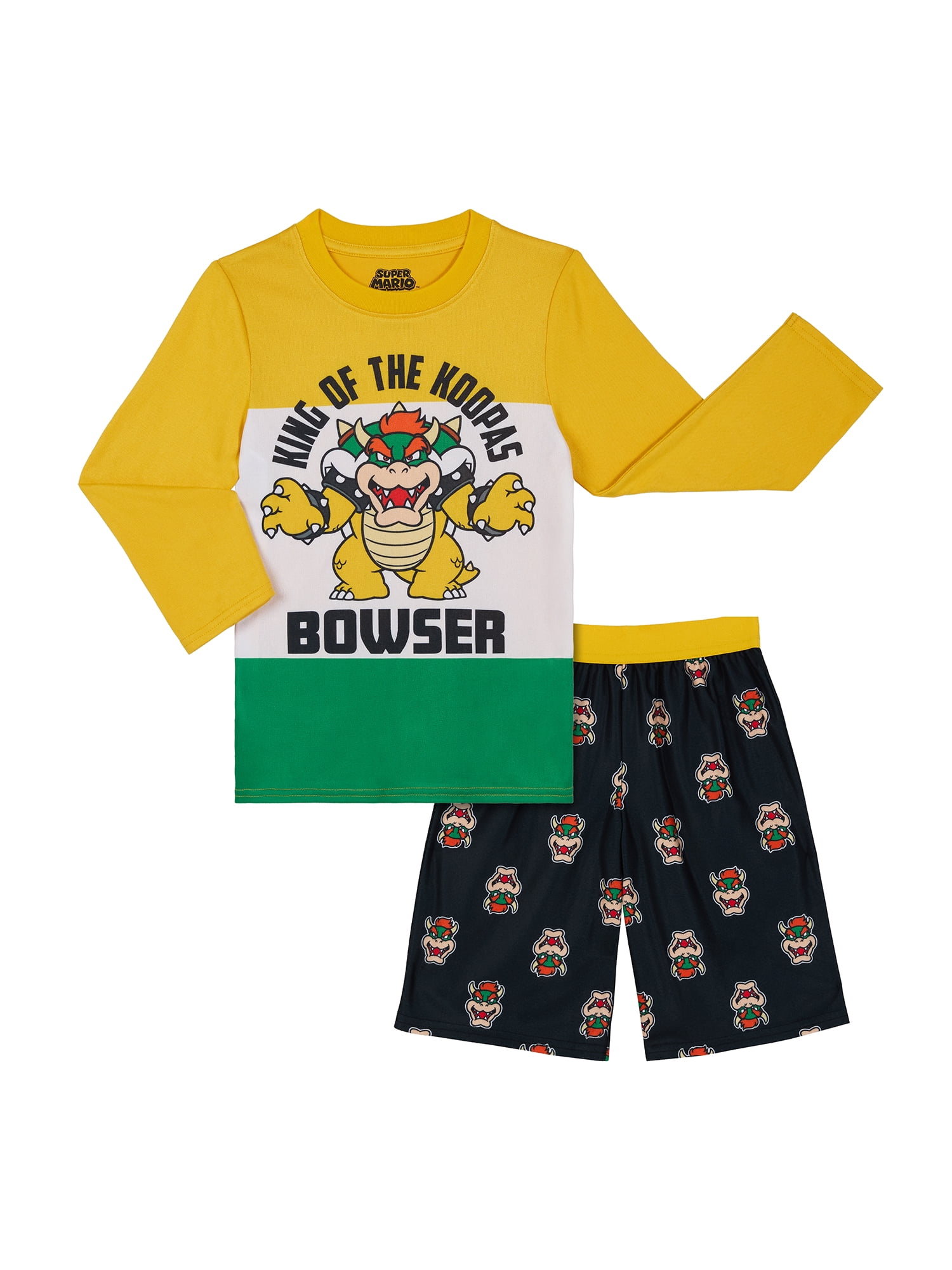 Bowser Boys Long Sleeve Sleep Top and Shorts Pajama Set, 2-Piece, Sizes ...