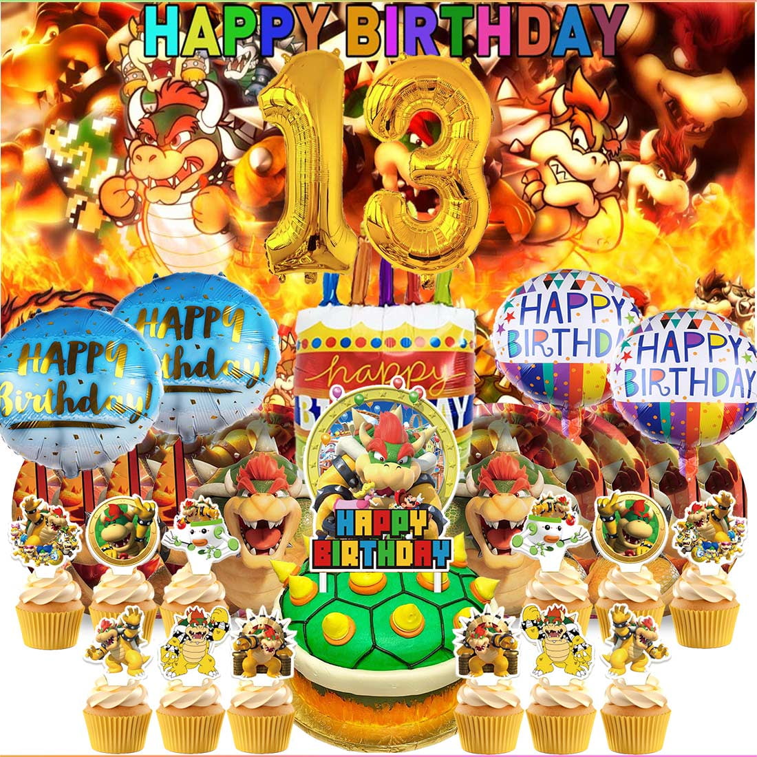 Bowser King Koopa 13th Tableware Balloons Cake Toppers Backdrop Banner ...