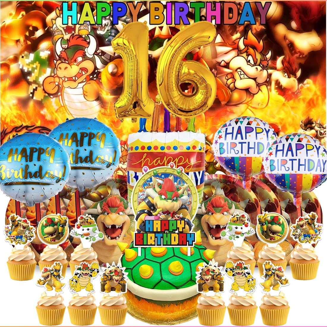 Bowser King Koopa 16th Tableware Balloons Cake Toppers Backdrop Banner ...