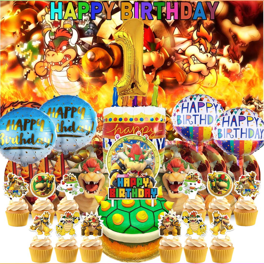 Bowser King Koopa 1st Tableware Balloons Cake Toppers Backdrop Banner ...