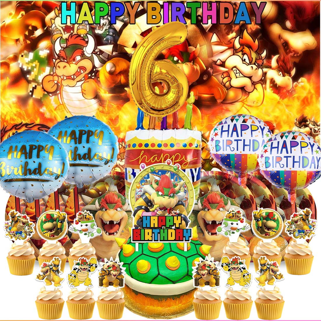 Bowser King Koopa 6th Tableware Balloons Cake Toppers Backdrop Banner ...