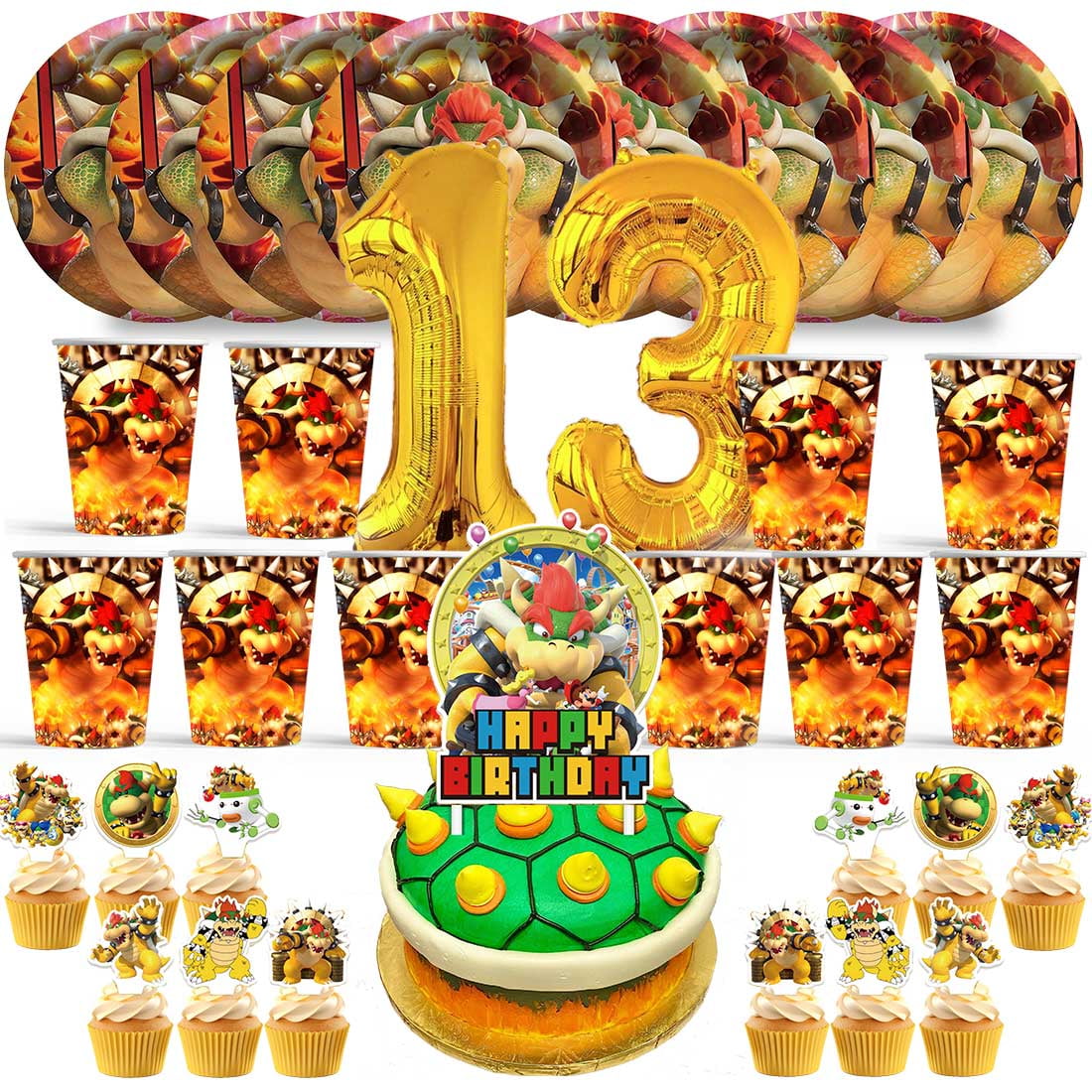 Bowser King Koopa Birthday 13th Cups Party Supplies Plates Fans ...