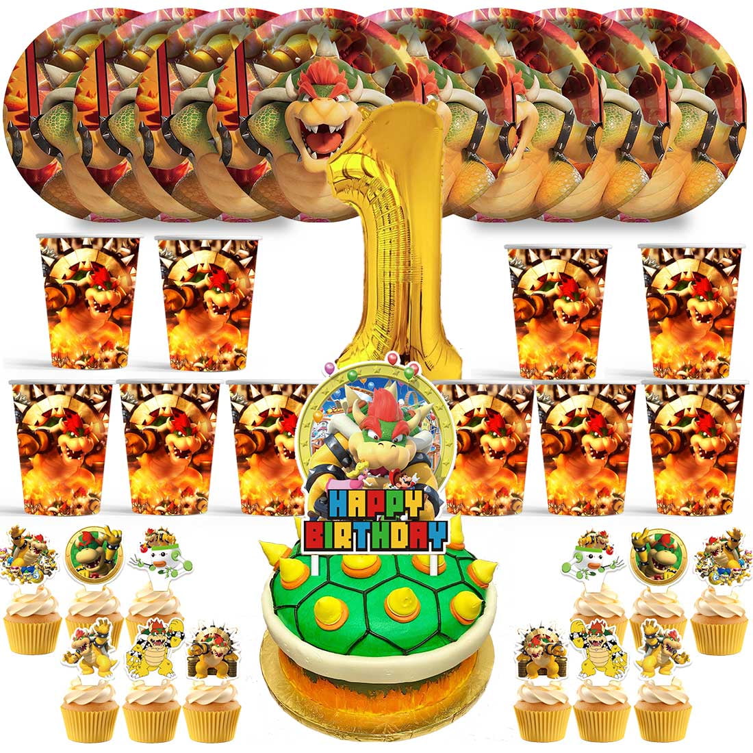Bowser King Koopa Birthday 1st Cups Party Supplies Plates Fans ...