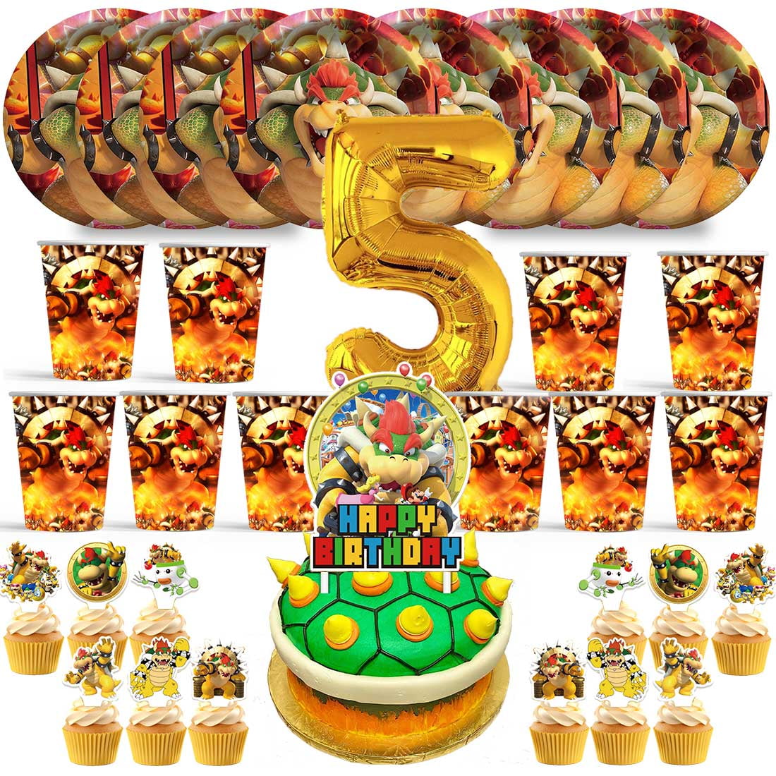 Bowser King Koopa Birthday 5th Cups Party Supplies Plates Fans ...