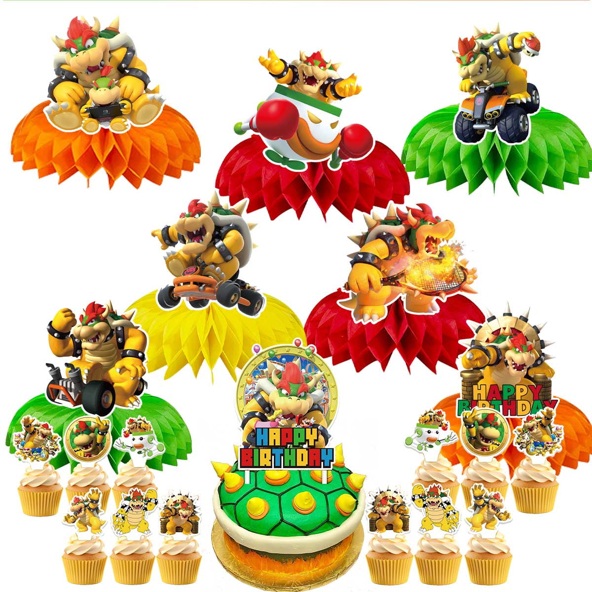 Bowser King Koopa Party Decor Supplies Honeycomb Centerpieces Table ...