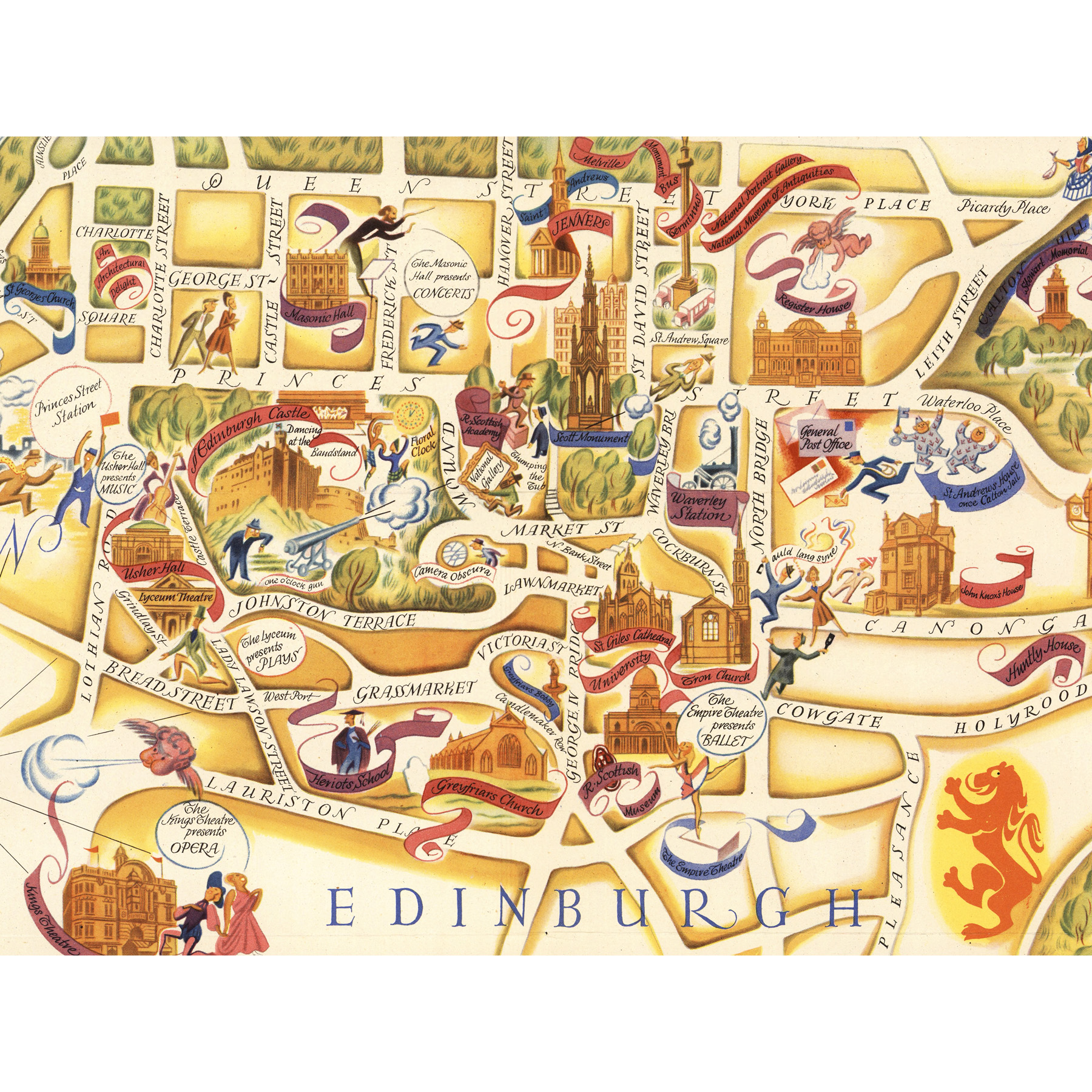 Bowyer 1938 Map Edinburgh City Facts Chart Extra Large Art Print Wall ...