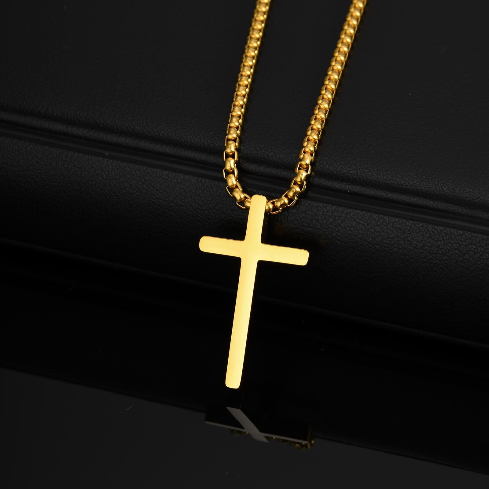 Box Chain Cross Pendant Necklaces for Men, Simple Plain 14K White Gold ...