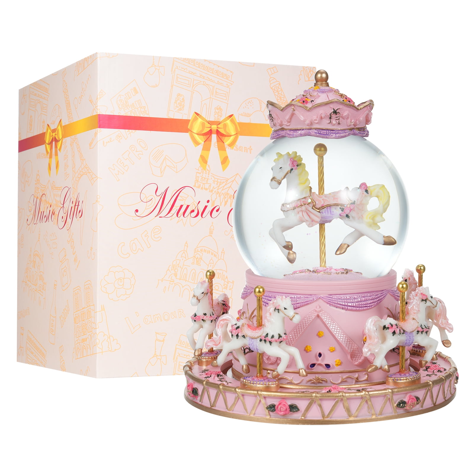 Box Rotating Carousel Music Box Crystal Ball Light-up Snow Globe Wind ...