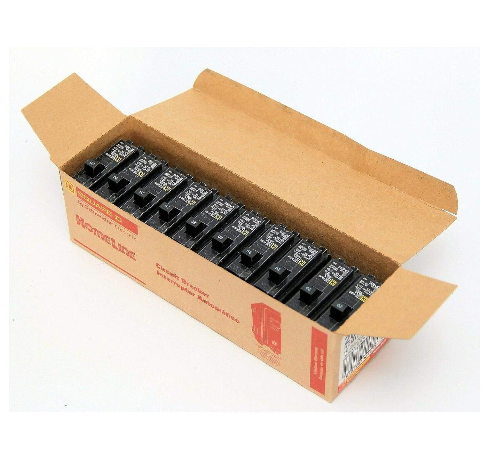 Box of 10 Square D HOM120 plug-on Circuit breakers 1 pole 20A 120-240V ...