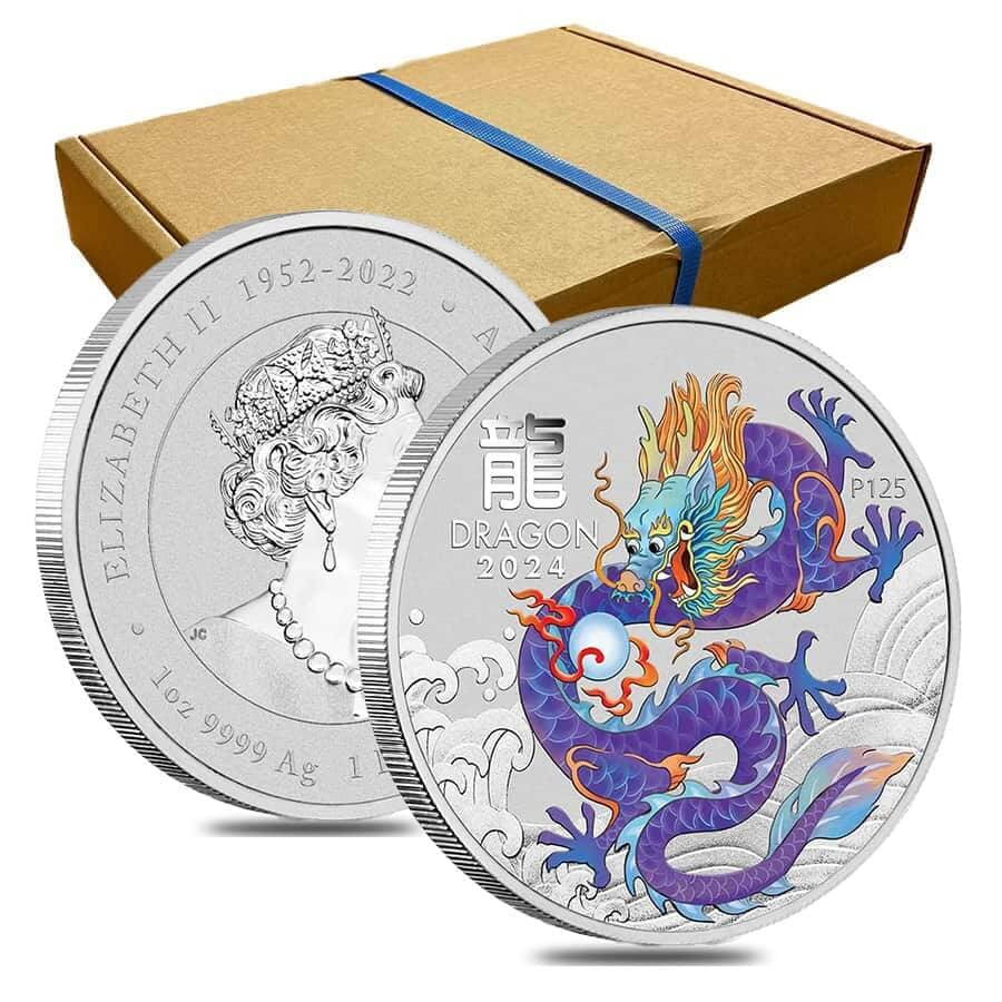 Box of 100 - 2024 1 oz Colorized Lunar Purple Dragon Silver Coin BU ...