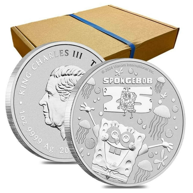 Box of 100 - 2024 1 oz Tuvalu SpongeBob SquarePants™ 25th Ann. Silver ...