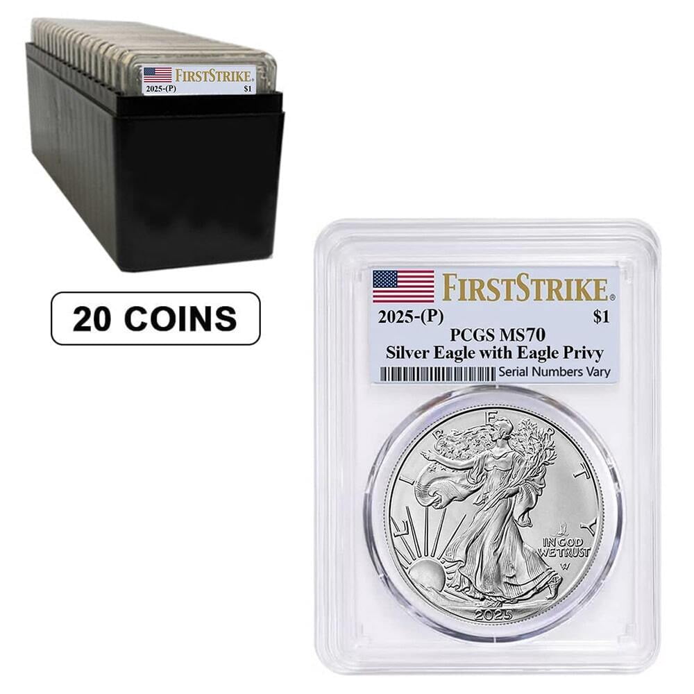 Box of 20 - 2025 Eagle Privy 1 oz Silver American Eagle PCGS MS 70 FS ...