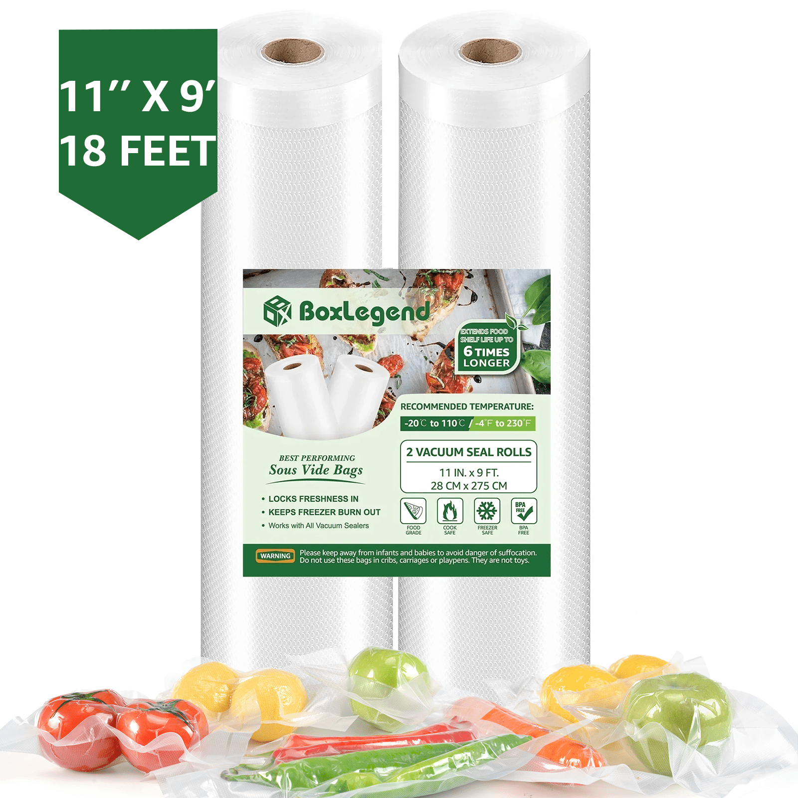 BoxLegend 2 Pack 11" x 9' Vacuum Sealer Bags, Freezer Safe Vacuum Seal ...