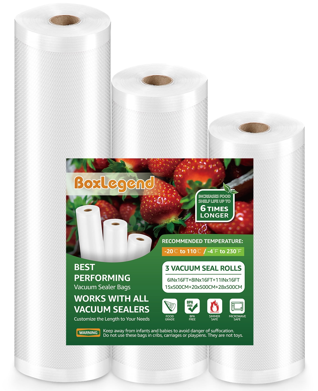 BoxLegend 3 Roll Vacuum Sealer Bags 6"x16' & 8"x16' & 11"x16' Multiple ...