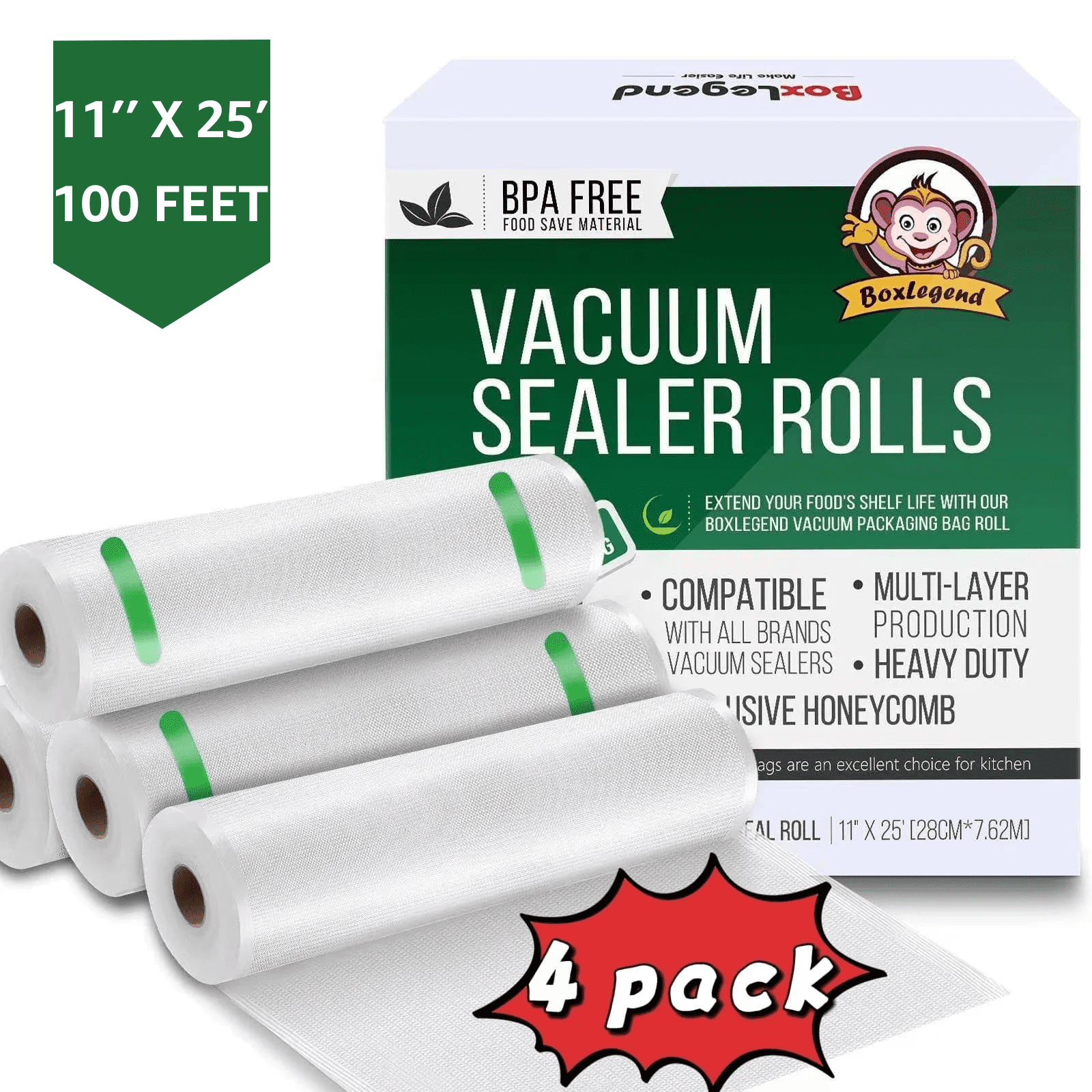 BoxLegend 4 Rolls 11" x 25' Vacuum Sealer Bags for Freezer Food Saver, Vacuum Seal Rolls Food ...