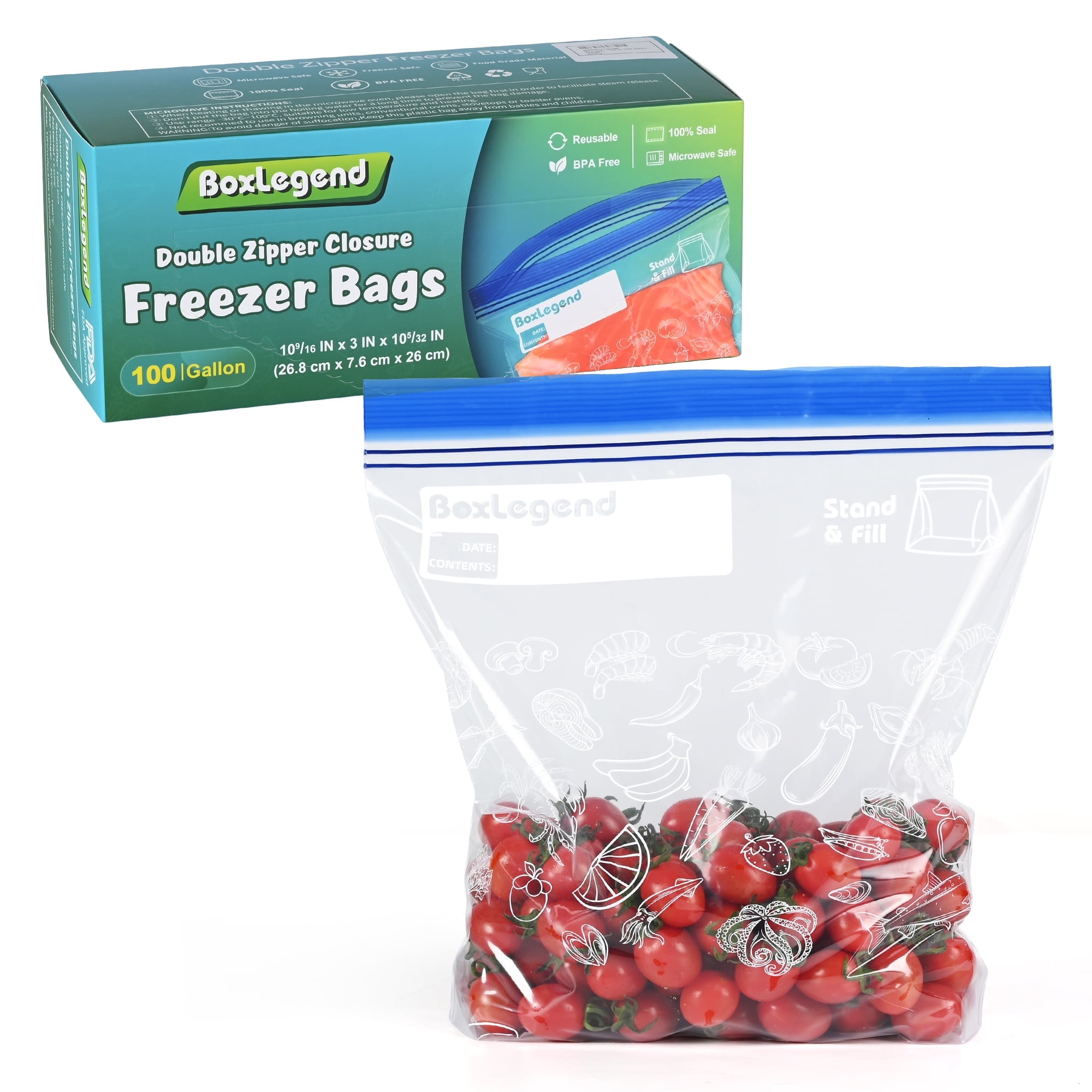 BoxLegend Freezer Bags, Double Zipper Food Storage Bags, Reusable, 1 ...