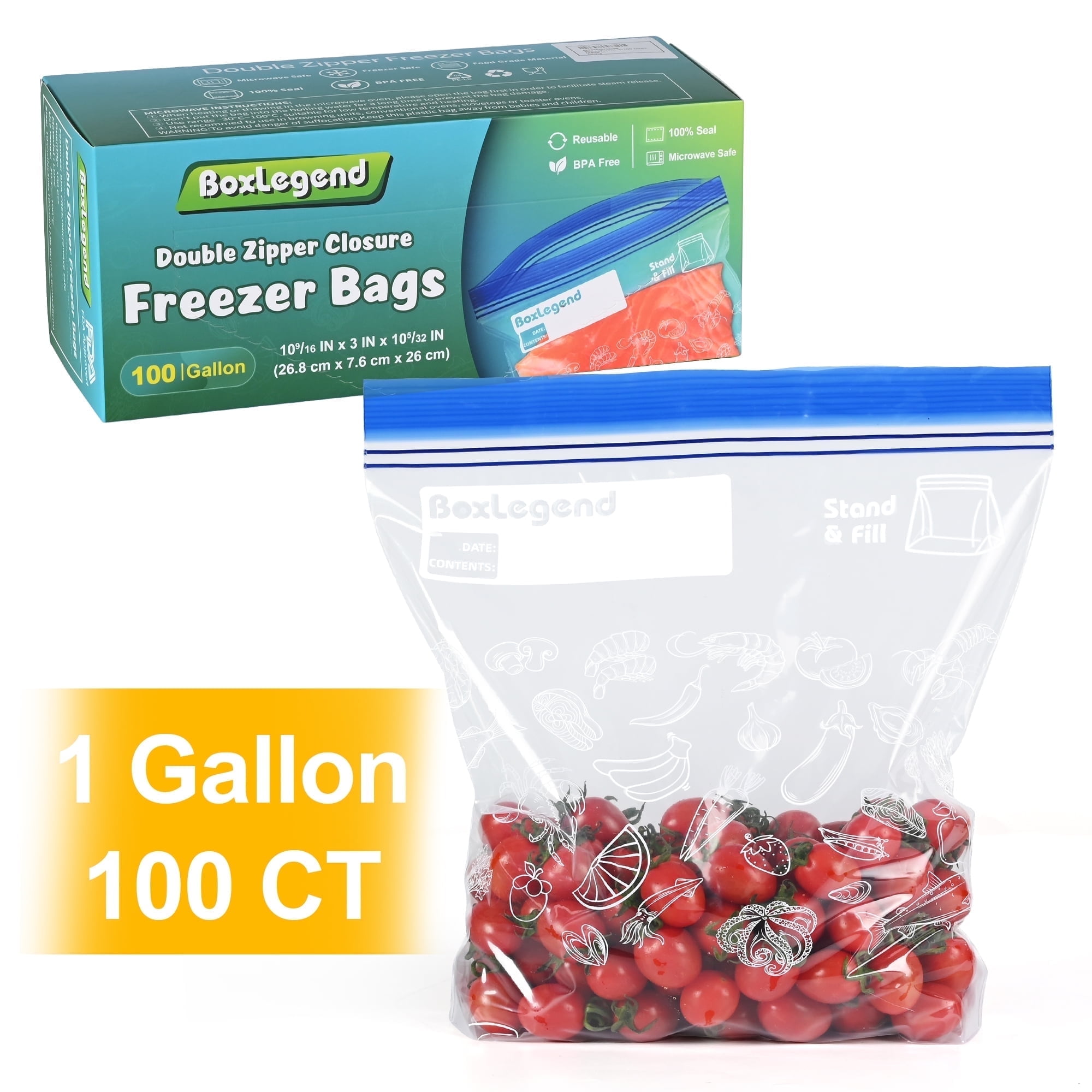 Boxlegend Freezer Bags, Gallon Size, Double Zipper, Reusable Food ...