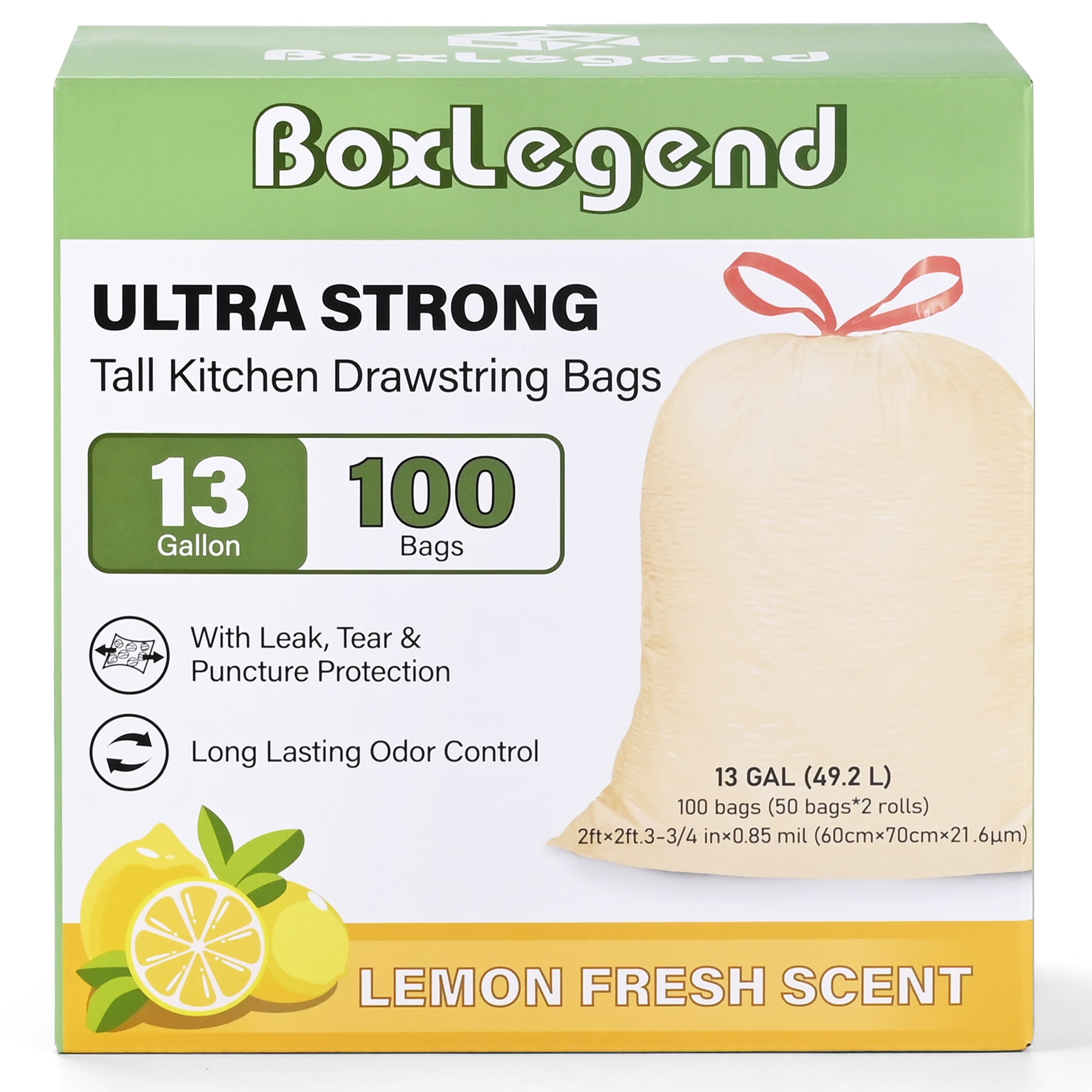 BoxLegend 13-Gallon Ultra Strong Drawstring Kitchen Trash Bags, Lemon ...