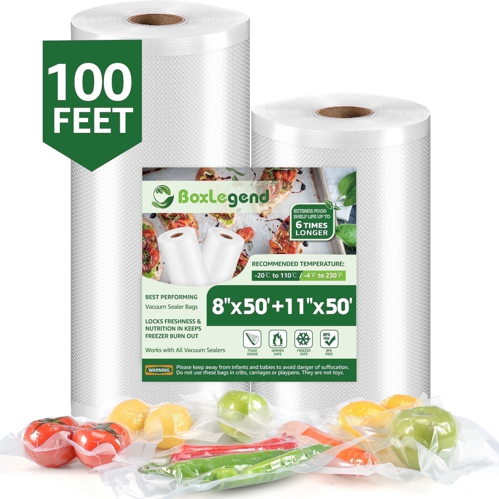 BoxLegend Vacuum Sealer Bags, 2 Pack 8''x50',11''x50 Combo Vacuum Seal ...