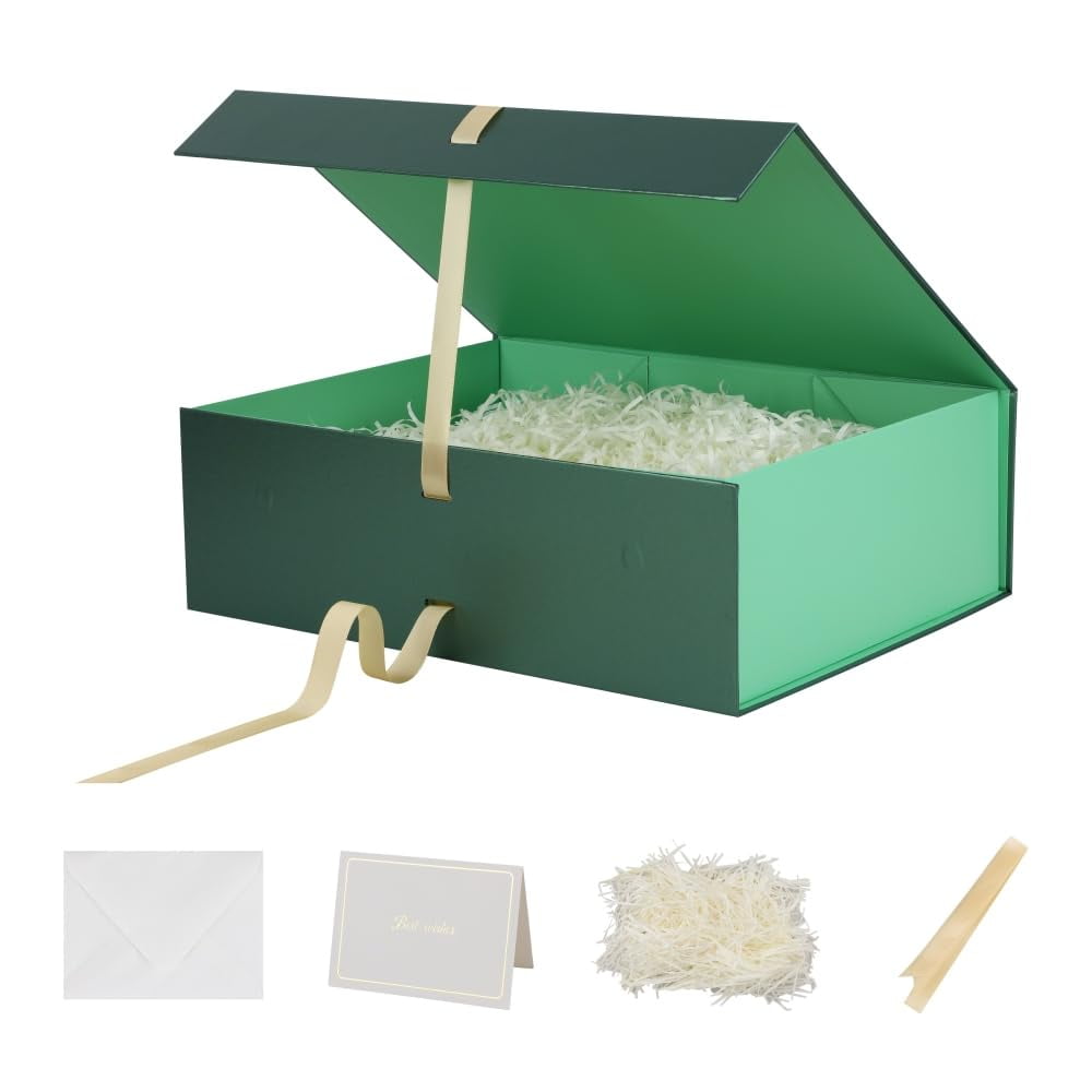 BoxSkivra Large Green Gift Box with Ribbon 1 Pack 16.5X13X5.3 Inch ...