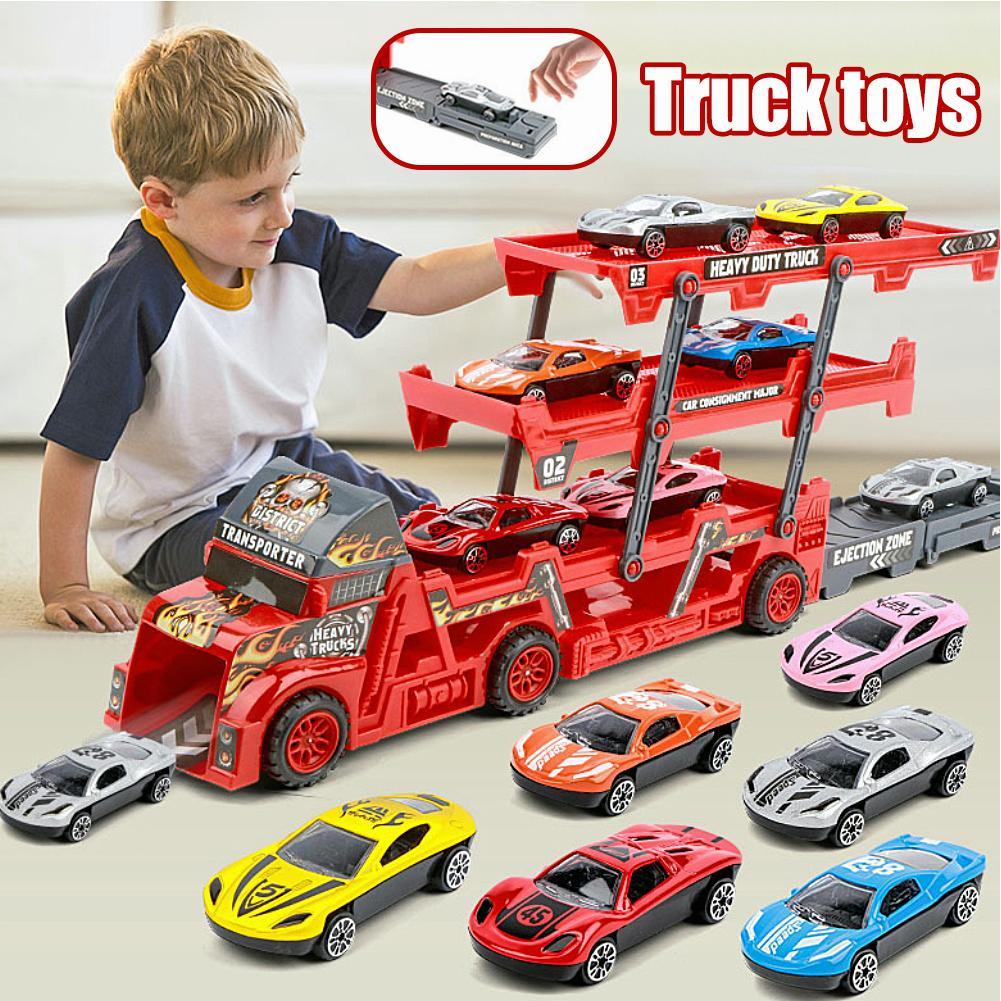[Boxed Red] 3-layer ejectable container truck with 6 tin car toy car ...