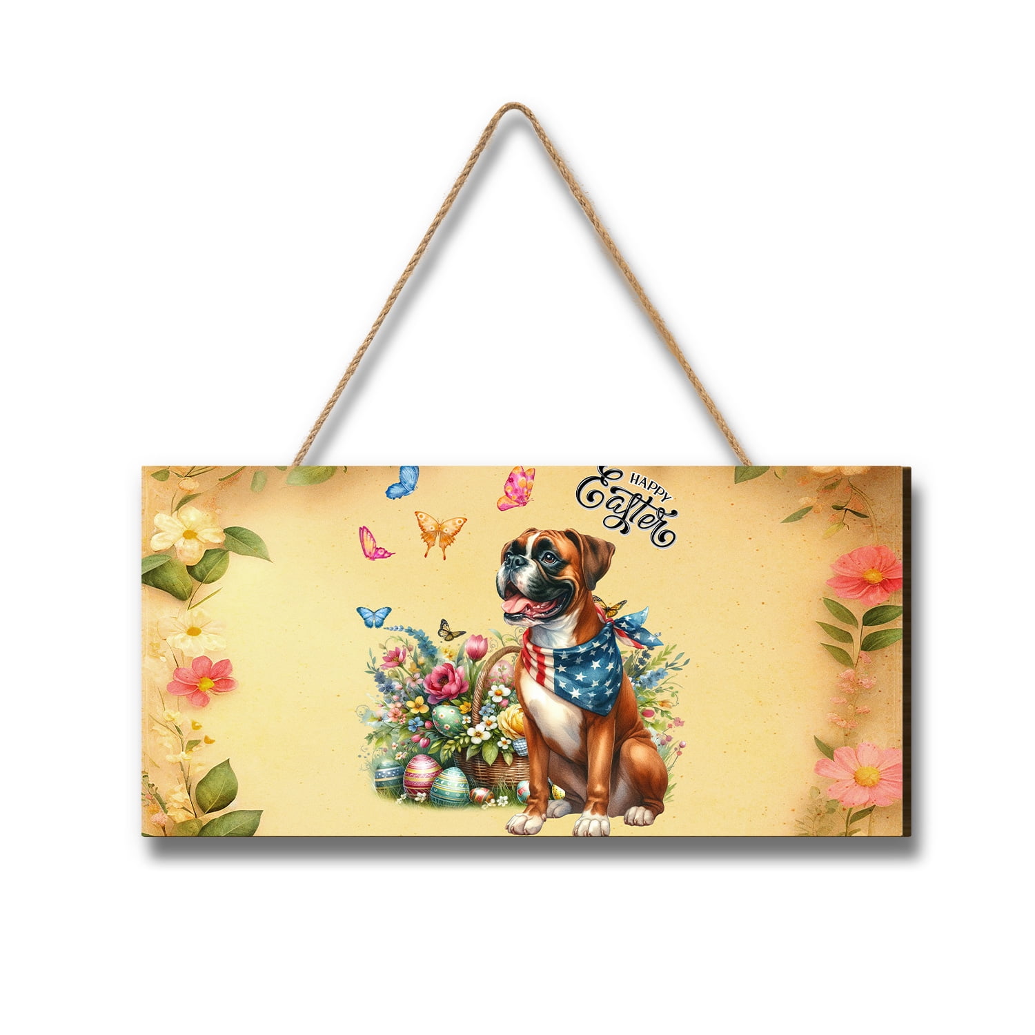 Boxer Celebrates Spring and Enjoys a Happy Easter Landscape Wood Sign ...