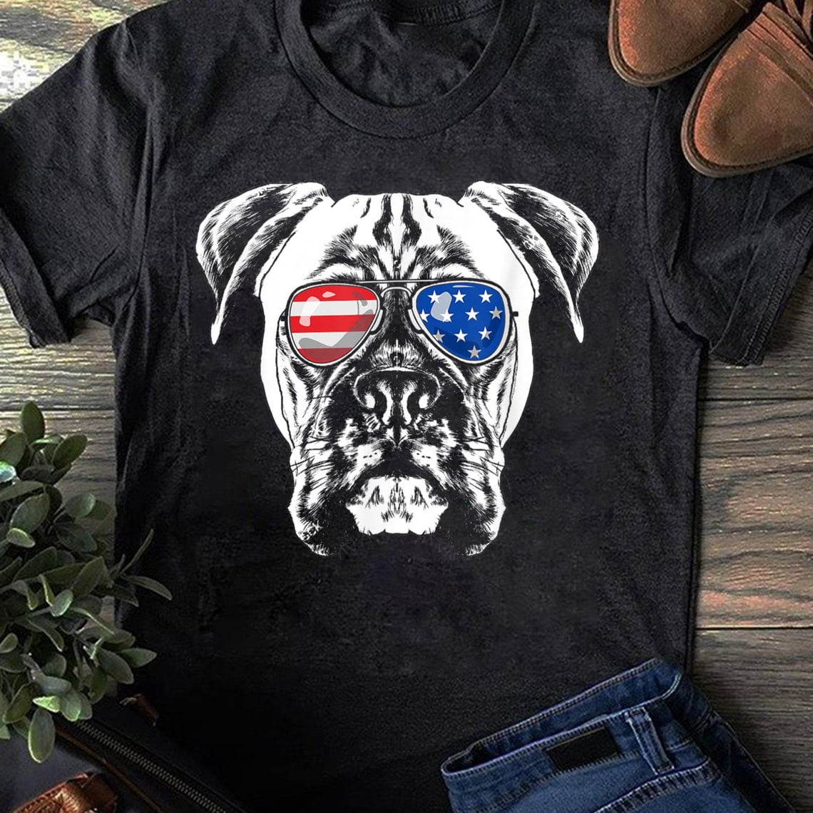 Boxer Dog American Flag Glasses T-Shirt 4th of July - Gift - Funny Dog ...