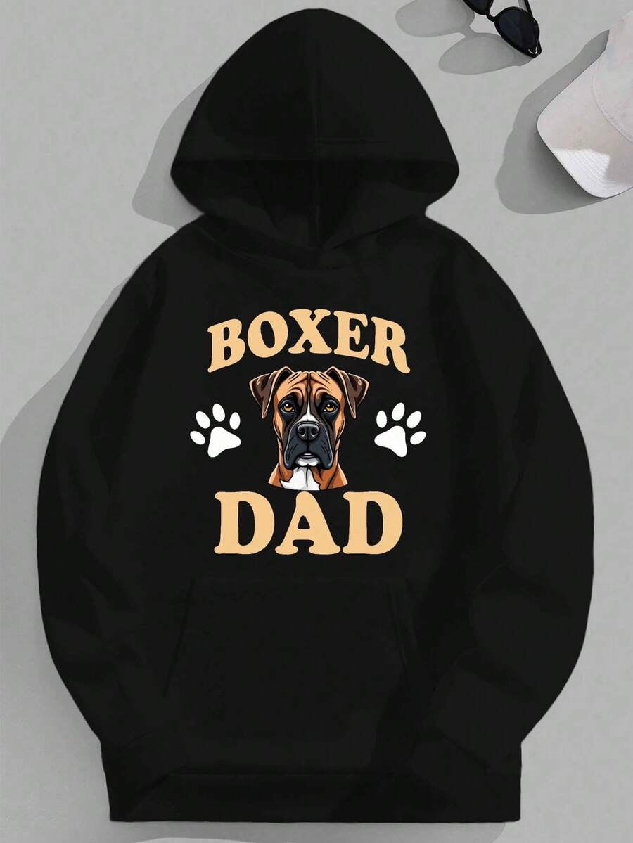 Boxer Dog Dad Graphic Hooded Sweatshirt For Men Relaxed Fit Pullover ...