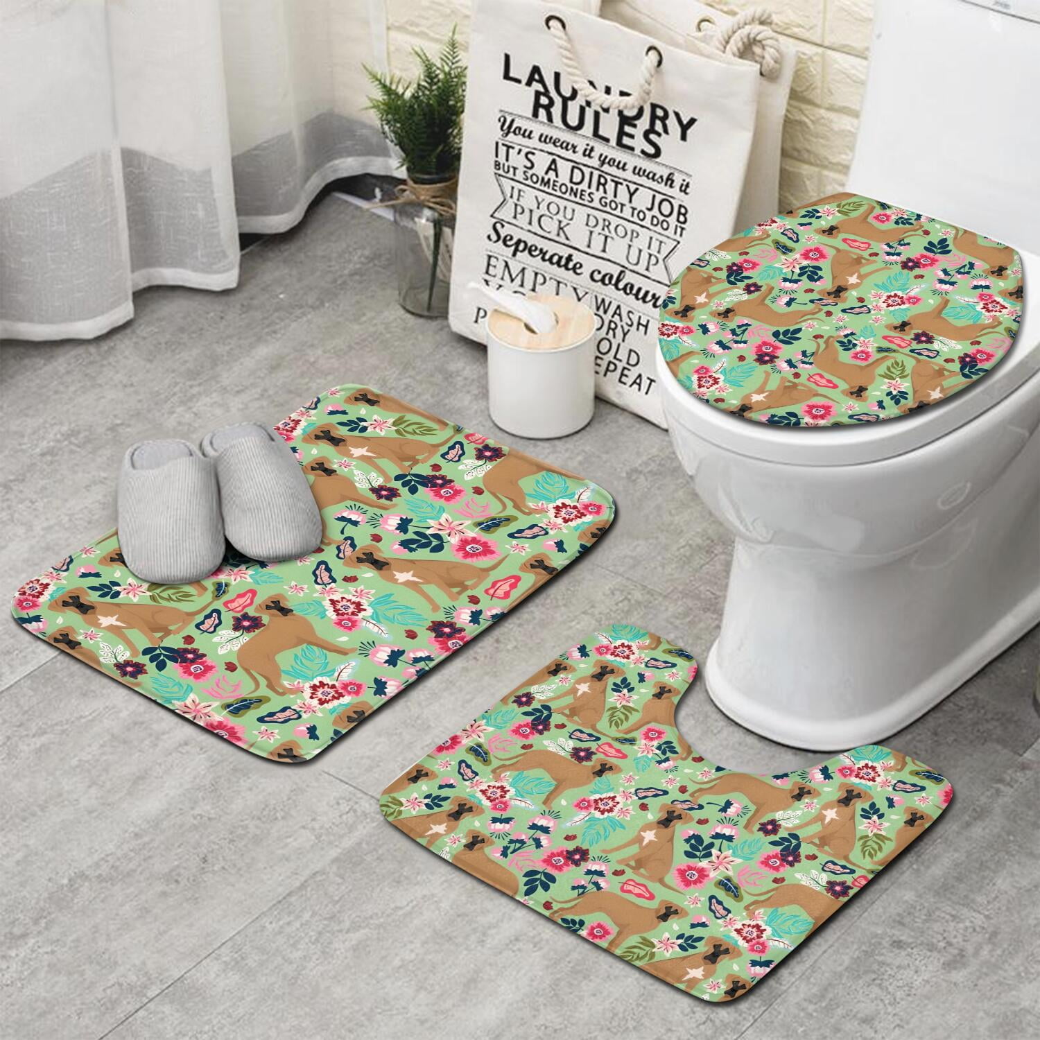 Boxer Dog and Flower Florals Bathroom Rugs Sets 3 Piece,Toilet Cover ...